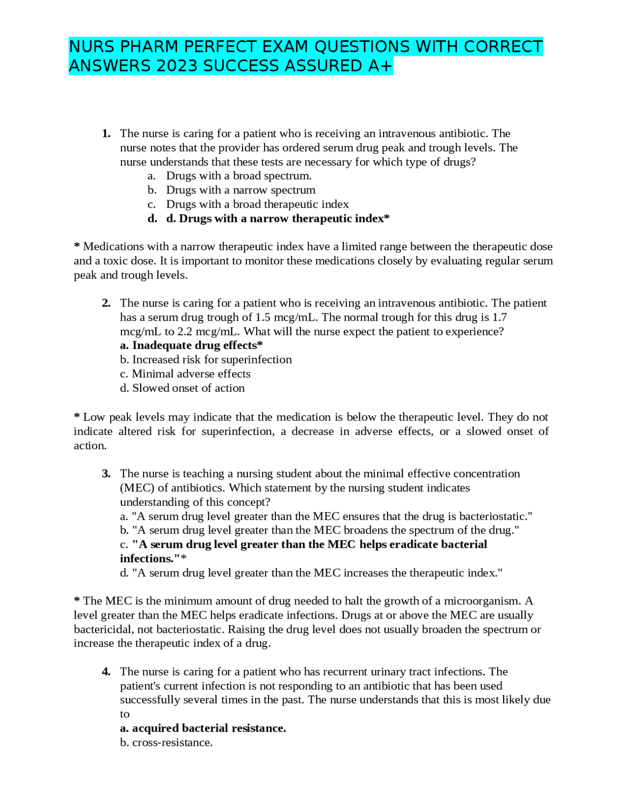 NURS PHARM PERFECT EXAM QUESTIONS WITH CORRECT ANSWERS 2023 SUCCESS ...
