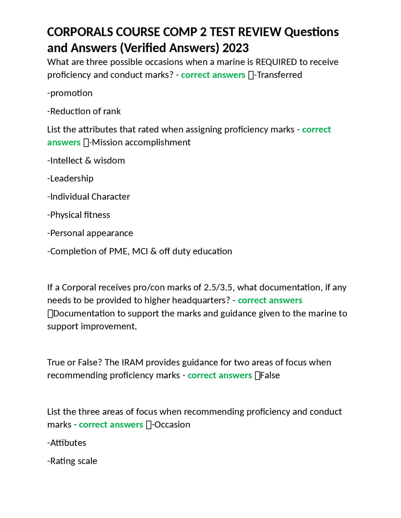 CORPORALS COURSE COMP 2 TEST REVIEW Questions and Answers (Verified ...