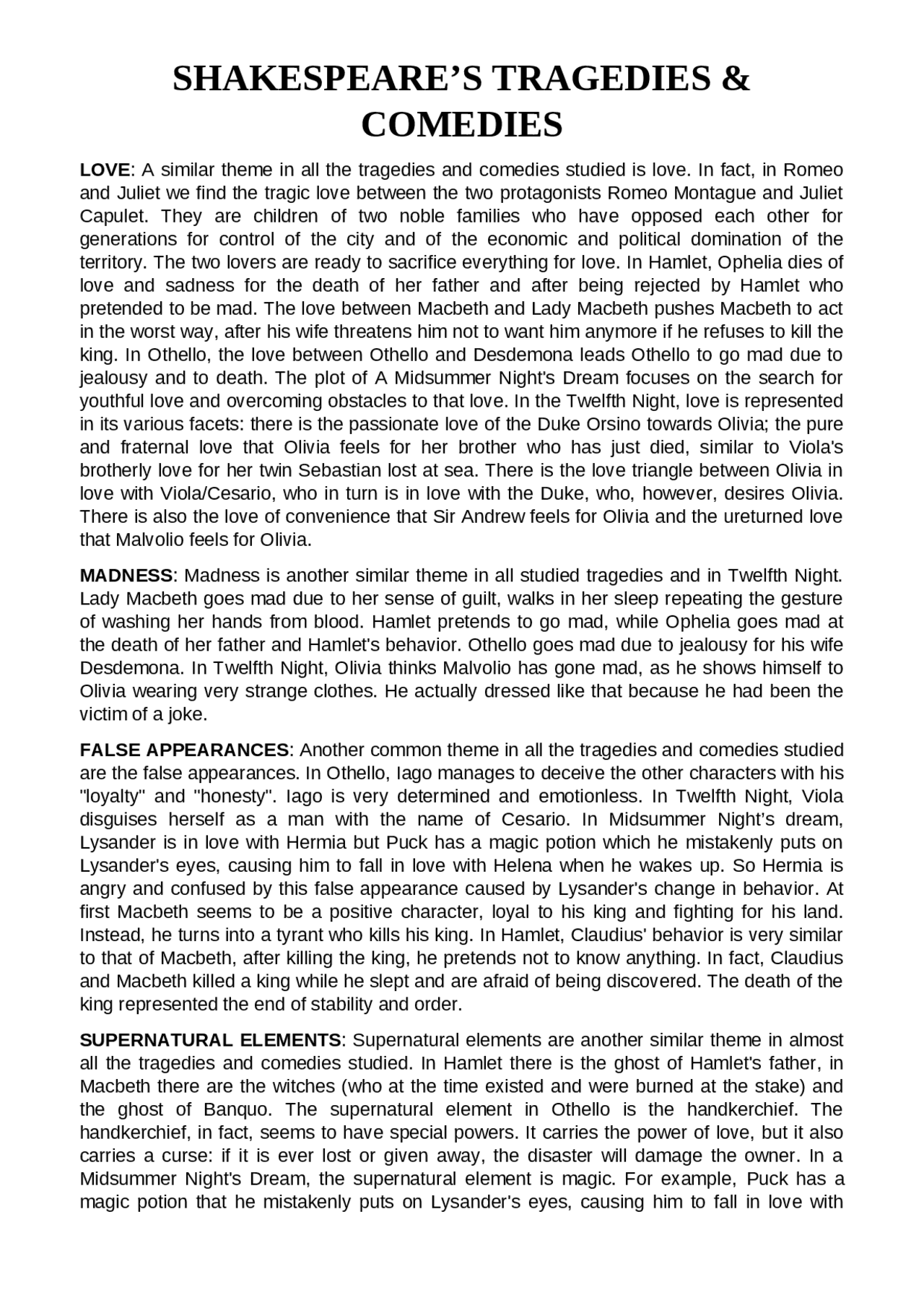 Shakespeare’s tragedies and comedies | Appunti di Inglese | Docsity