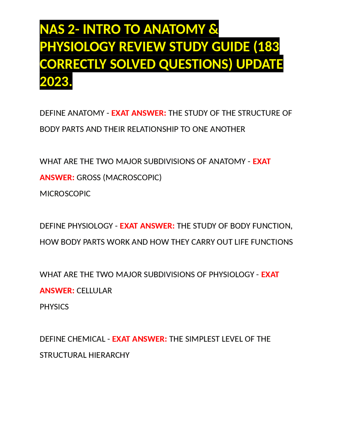 NAS 2- INTRO TO ANATOMY & PHYSIOLOGY REVIEW STUDY GUIDE (183 CORRECTLY ...
