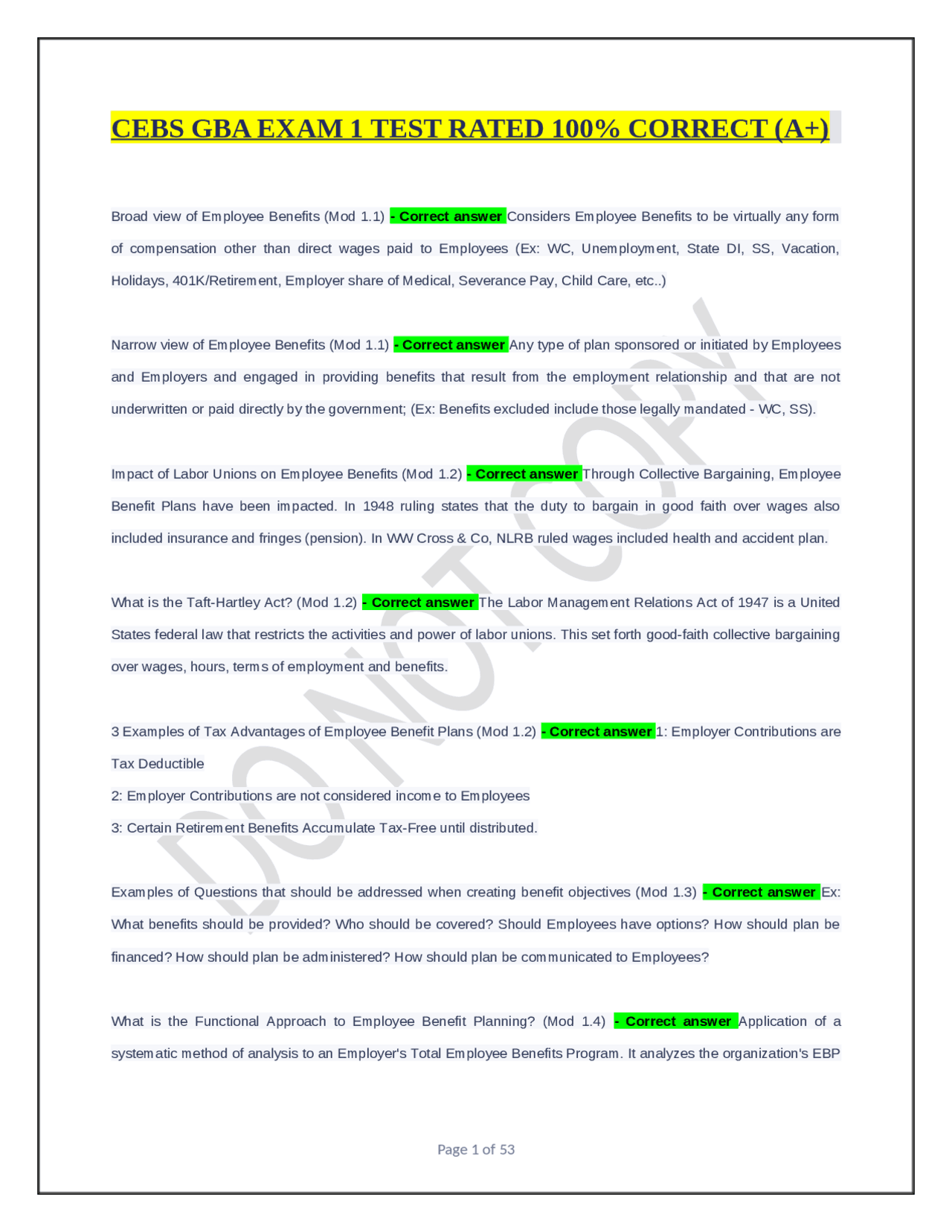 CEBS GBA EXAM 1 TEST RATED 100% CORRECT (A+) | Exams Nursing | Docsity