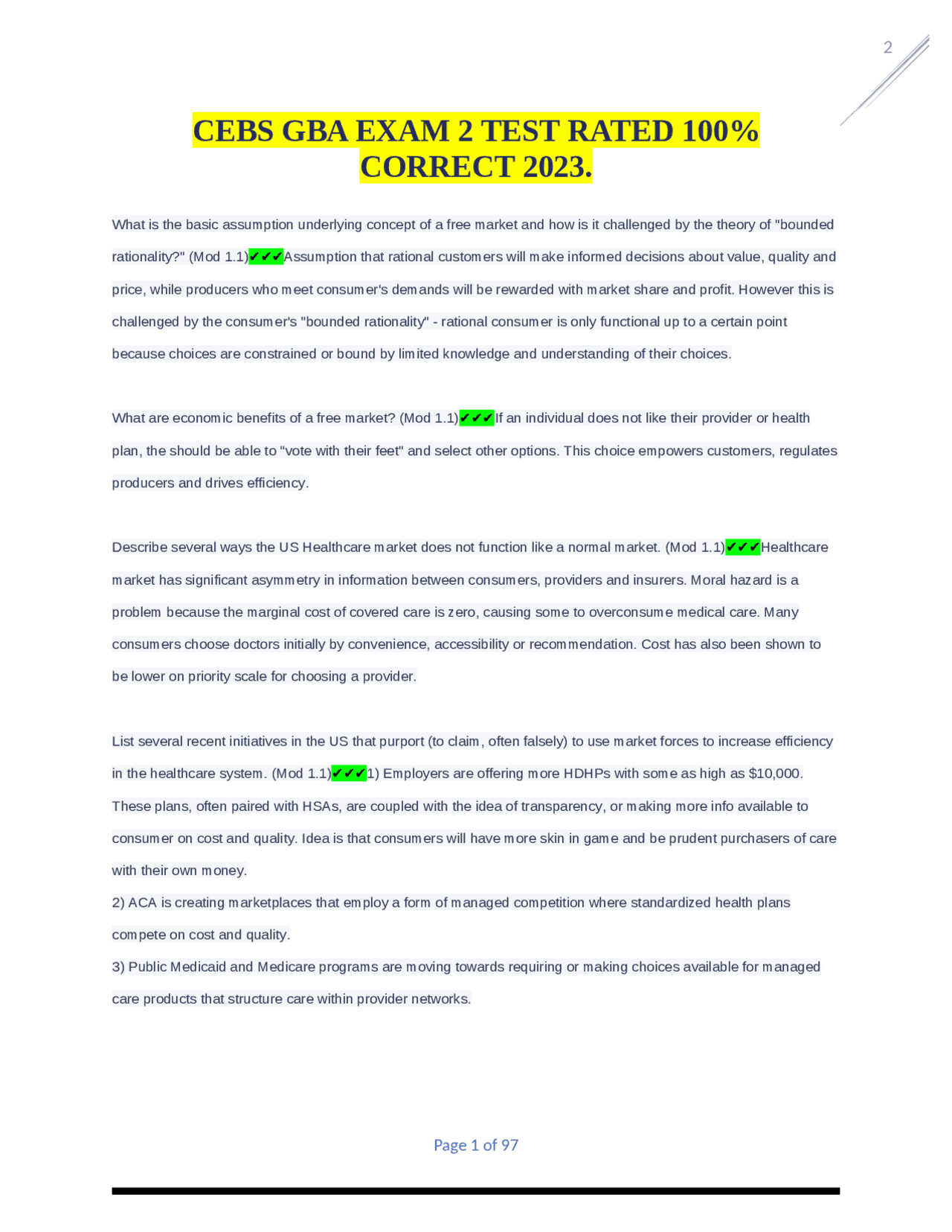 CEBS GBA EXAM 2 TEST RATED 100% CORRECT 2023. | Exams Business ...