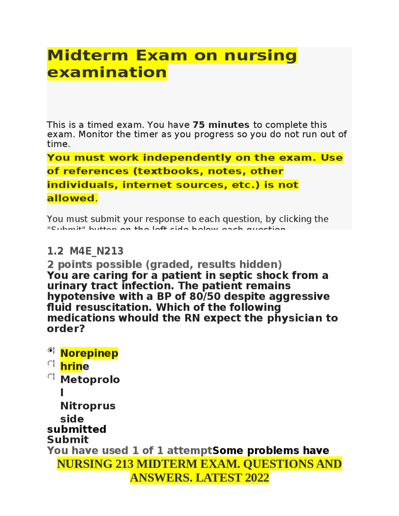 Midterm Exam on nursing examination | Exams Nursing | Docsity