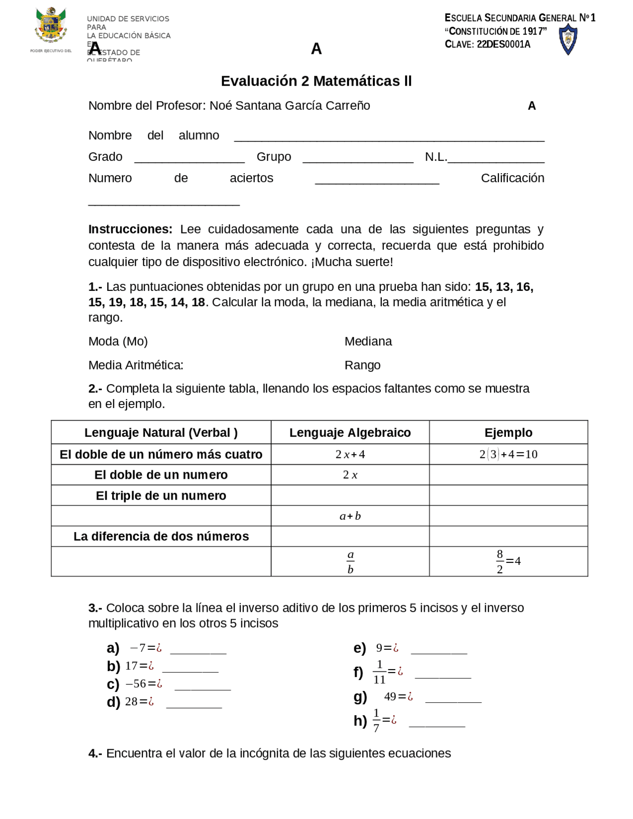 Examen De Matemáticas De Segundo Grado