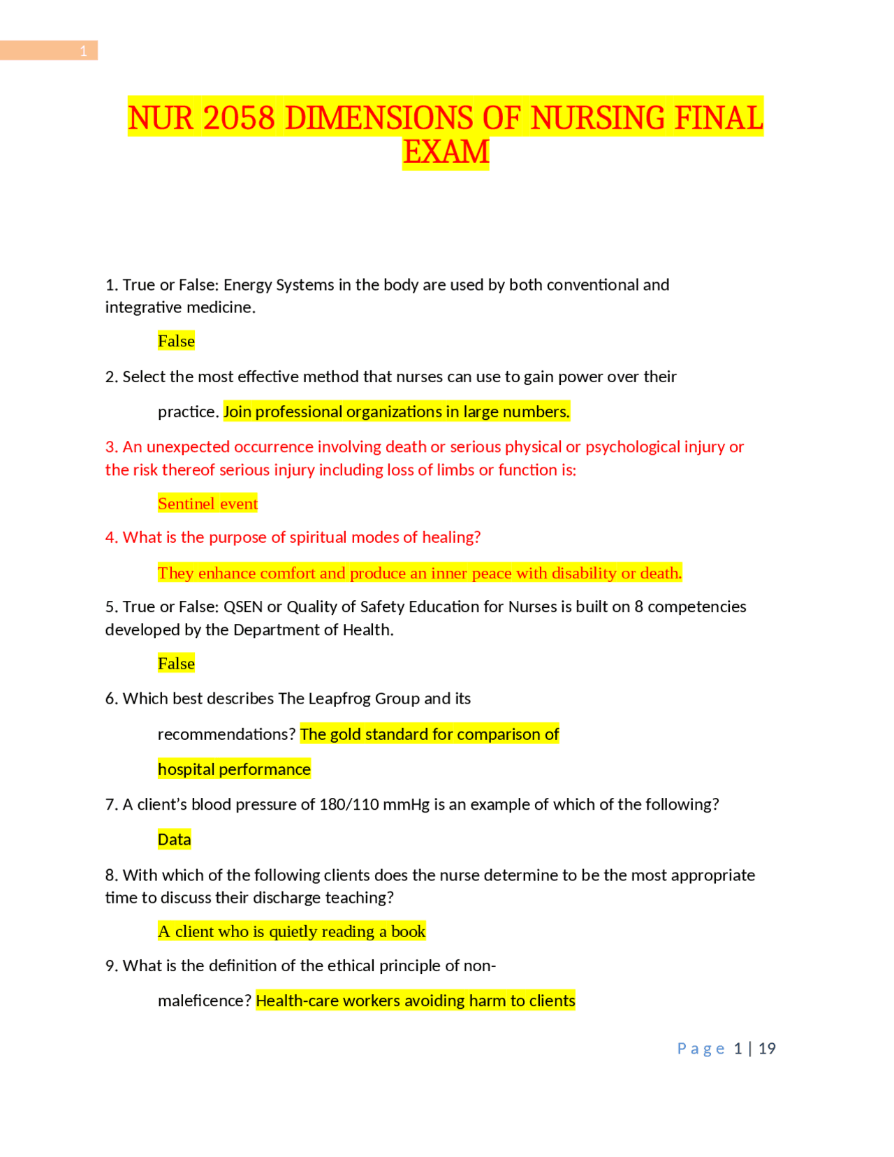 NUR 2058 DIMENSIONS OF NURSING FINAL EXAM | Exams Nursing | Docsity