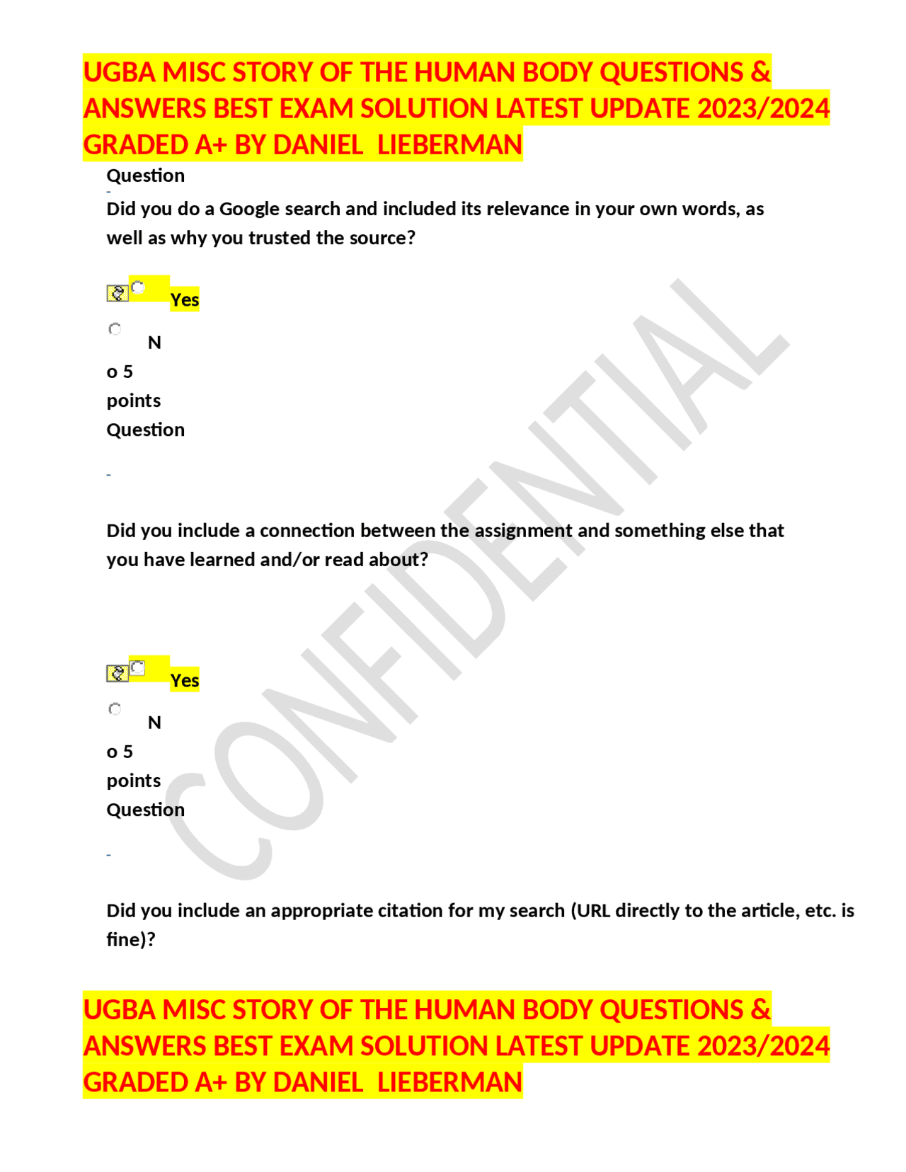 UGBA MISC STORY OF THE HUMAN BODY QUESTIONS & ANSWERS BEST EXAM ...