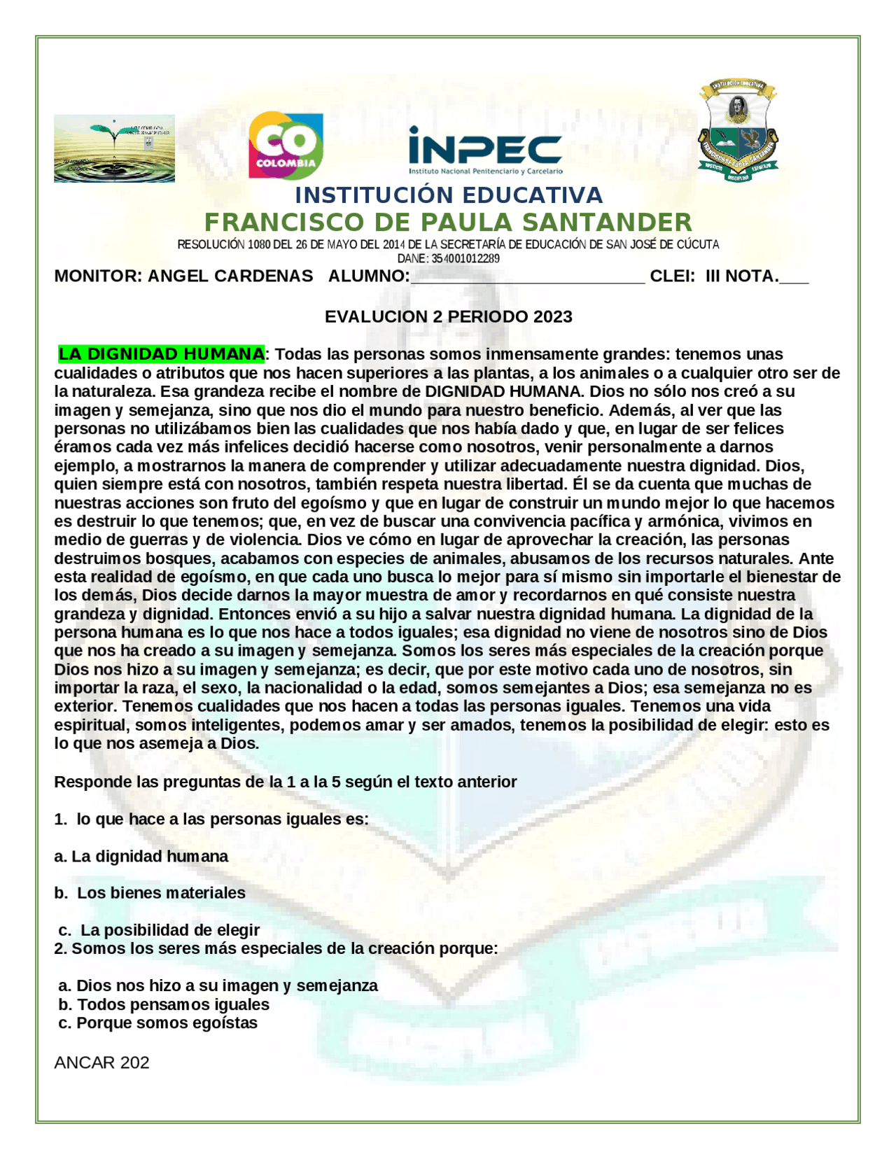 Examen final para promover alos alumnos de dichos grados y poder sacar ...