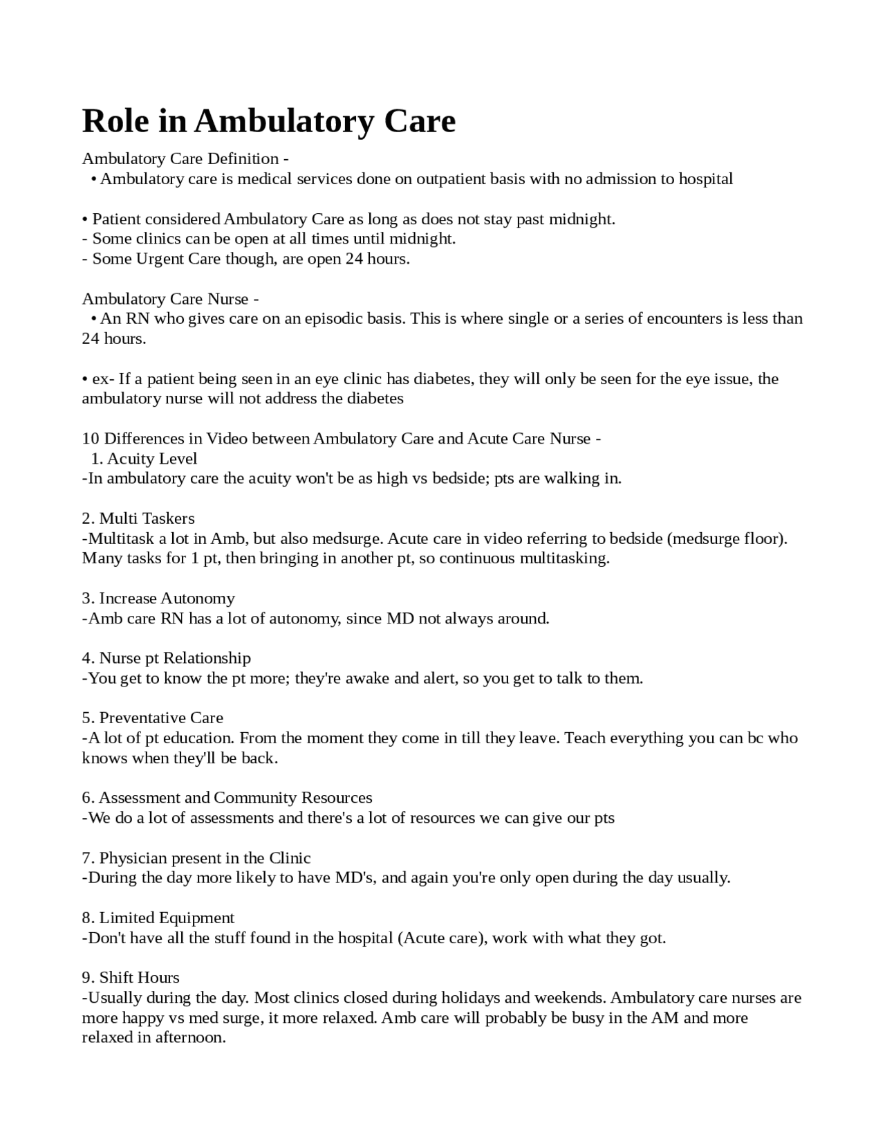 Role in Ambulatory Care | Exams Nursing | Docsity