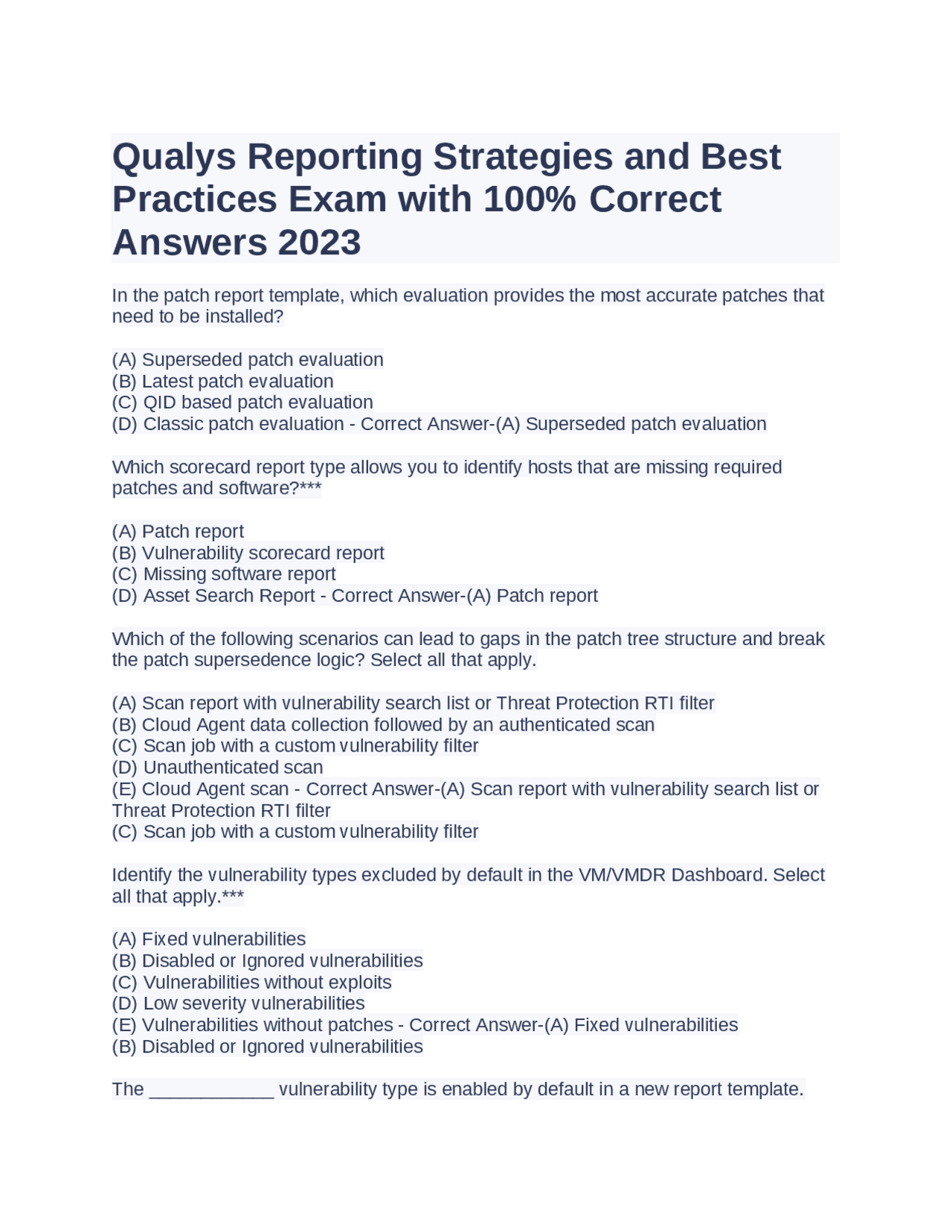 Qualys Reporting Strategies And Best Practices Exam With 100 Correct