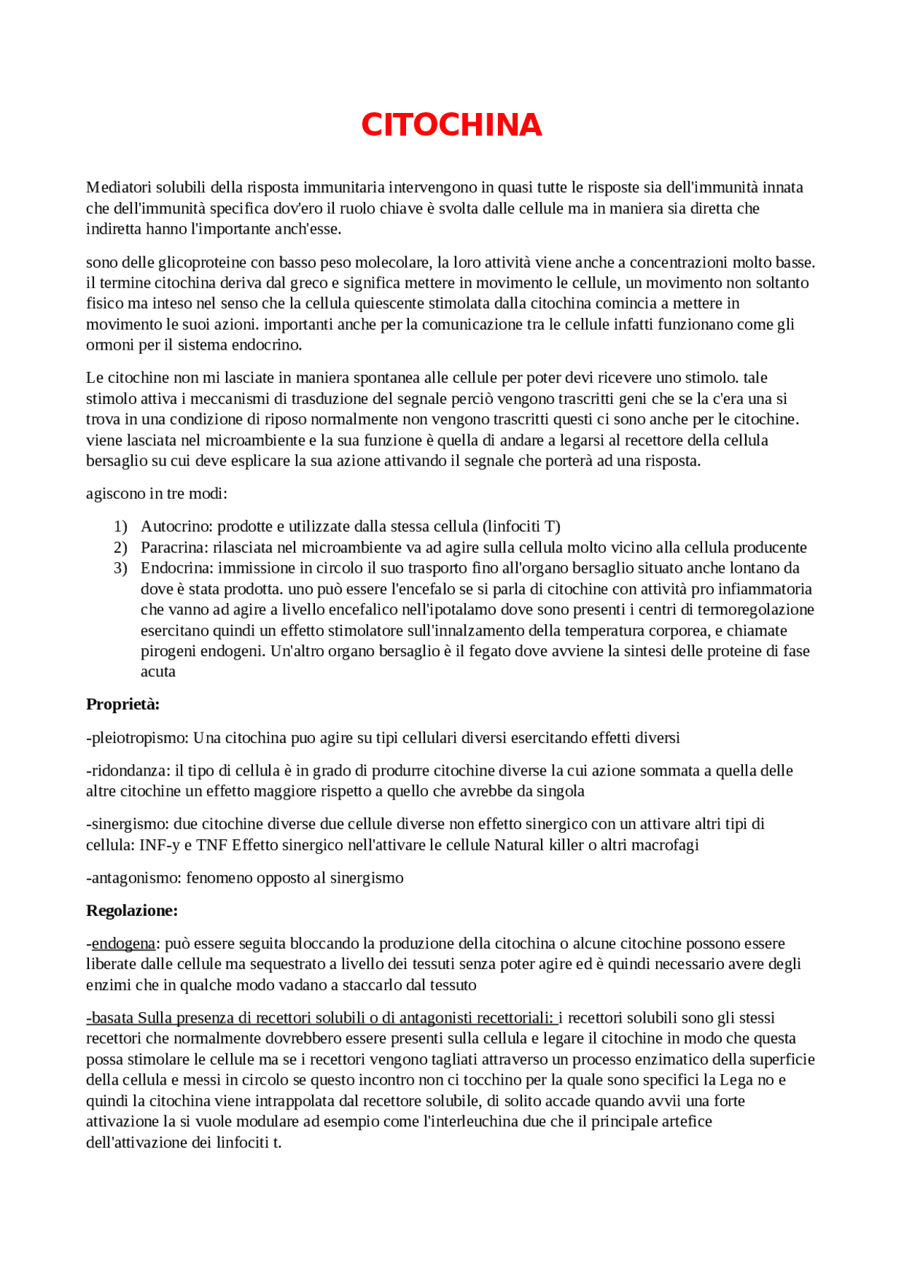 Citochine e chemiochine | Schemi e mappe concettuali di Immunologia | Docsity