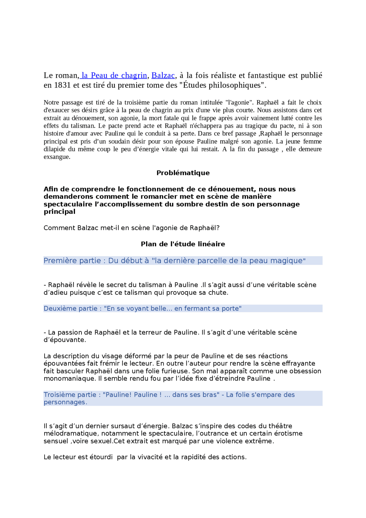 La Peau de Chagrin extrait de "l'agonie" analyse linéaire | Study notes ...