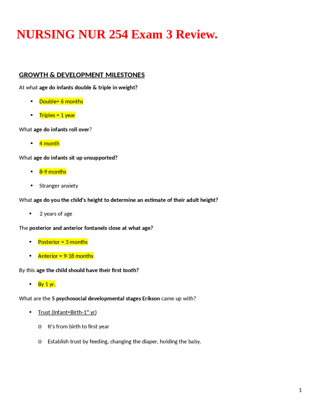 NURSING NUR 254 Exam 3 Review. | Exams Health sciences | Docsity