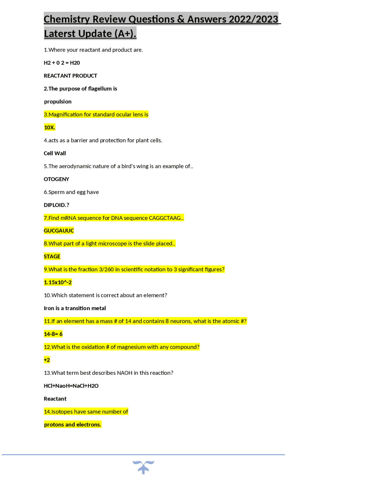 Chemistry Review Questions & Answers 2022/2023 Laterst Update (A+ ...