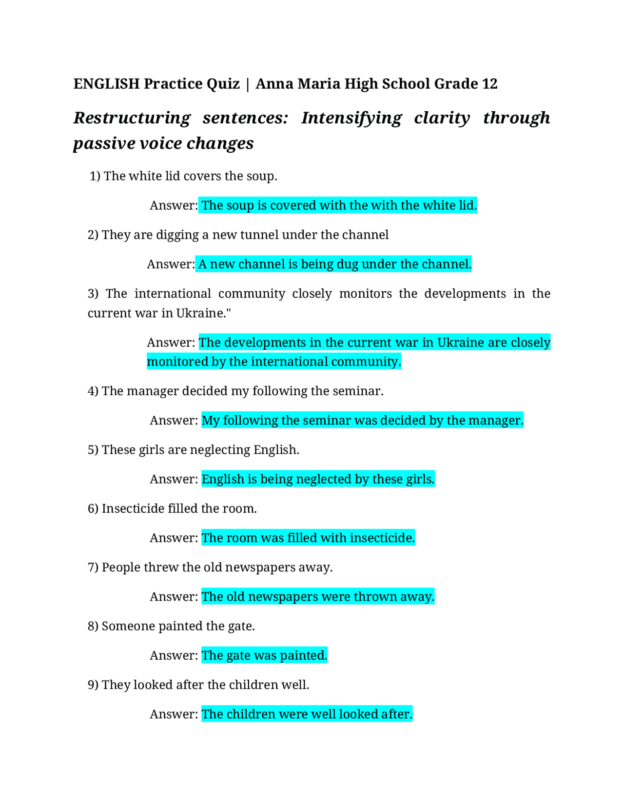 Enhancing clarity through passive voice transformations | Exercises English | Docsity