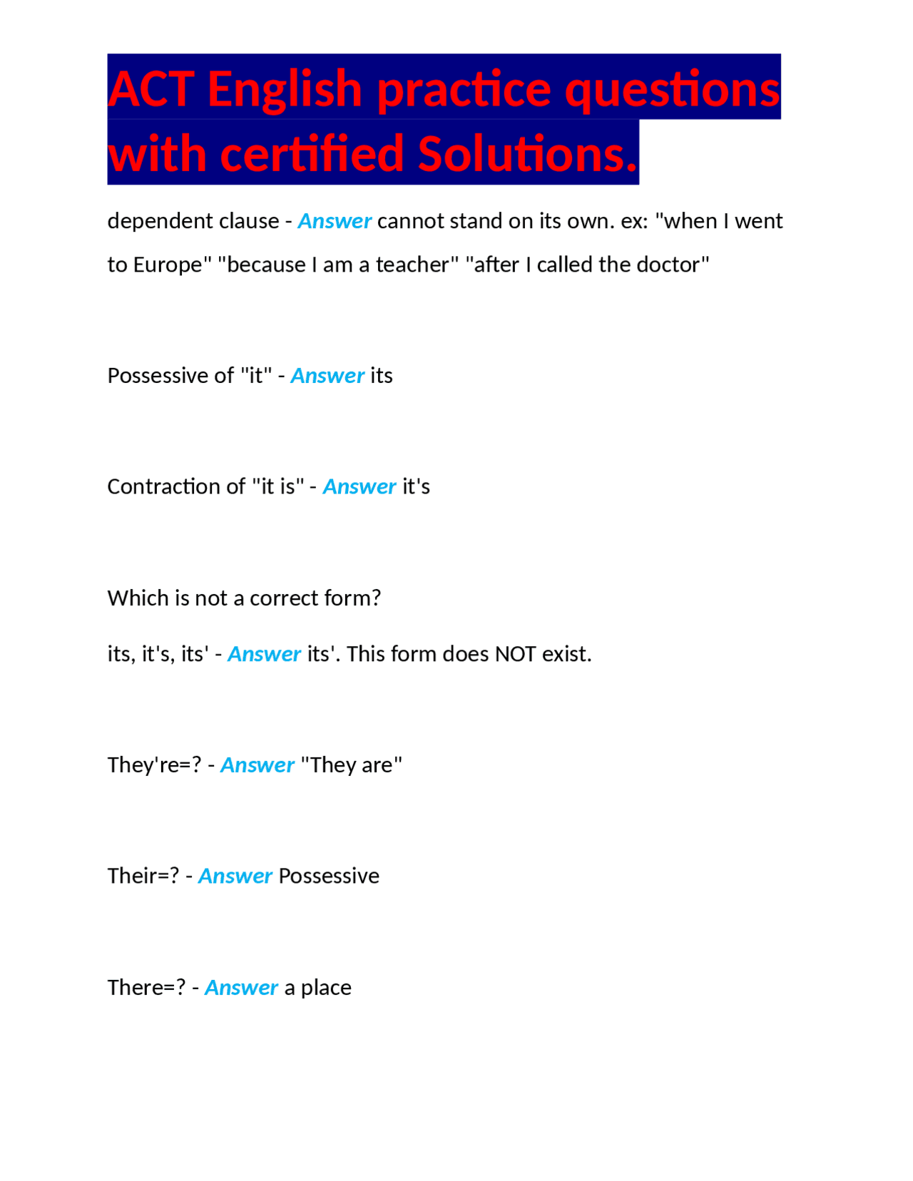 ACT English practice questions with certified Solutions. | Exams ...