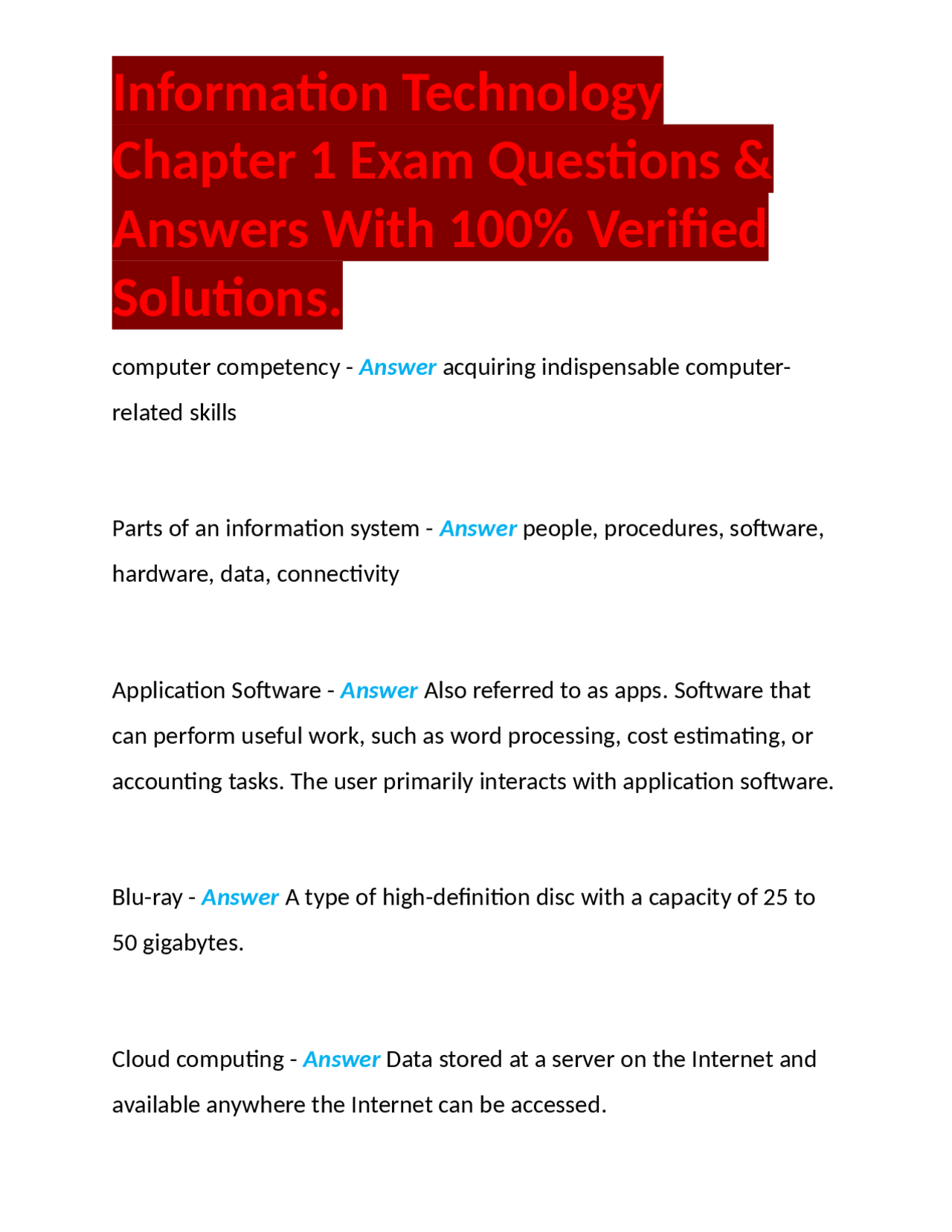 Information Technology Chapter 1 Exam Questions & Answers With 100% Verified Solutions. | Exams ...