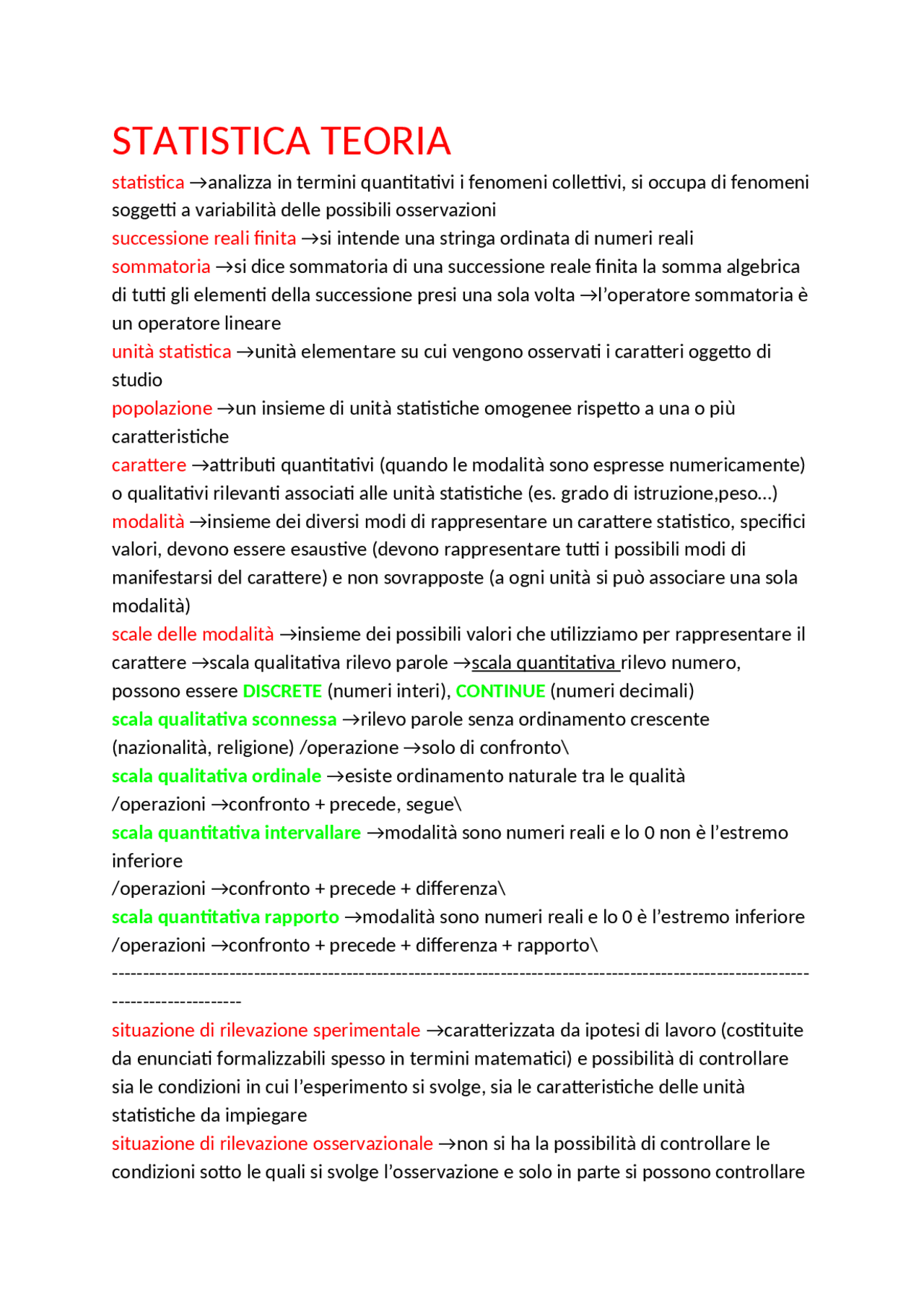 Lista dei concetti relativi alla parte teoria del corso di Statistica | Schemi e mappe ...