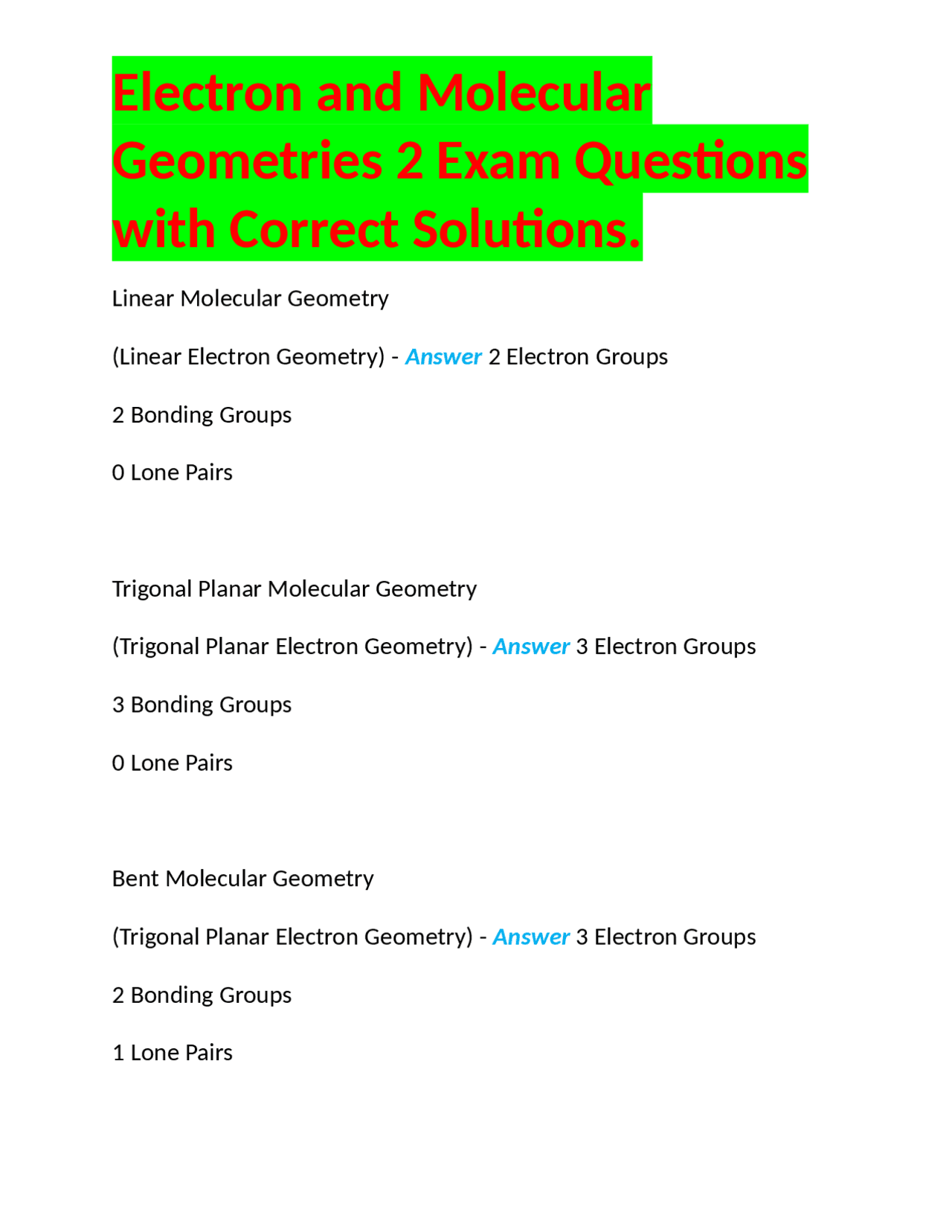 Electron And Molecular Geometries 2 Exam Questions With Correct