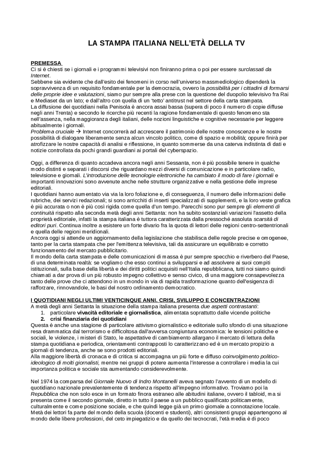 LA STAMPA ITALIANA NELL'ERA DELLA TV | Sintesi del corso di Storia del ...