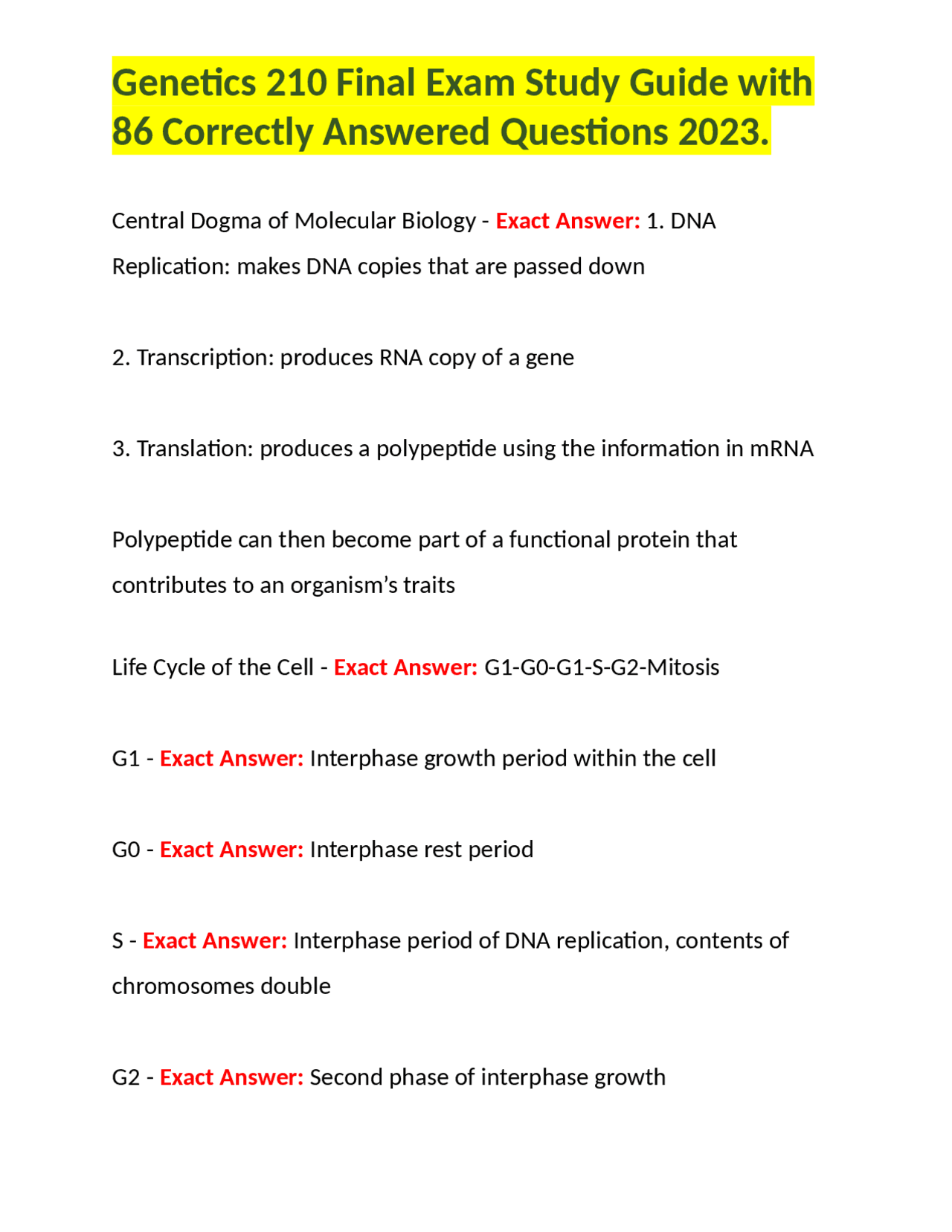 Genetics 210 Final Exam Study Guide with 86 Correctly Answered ...