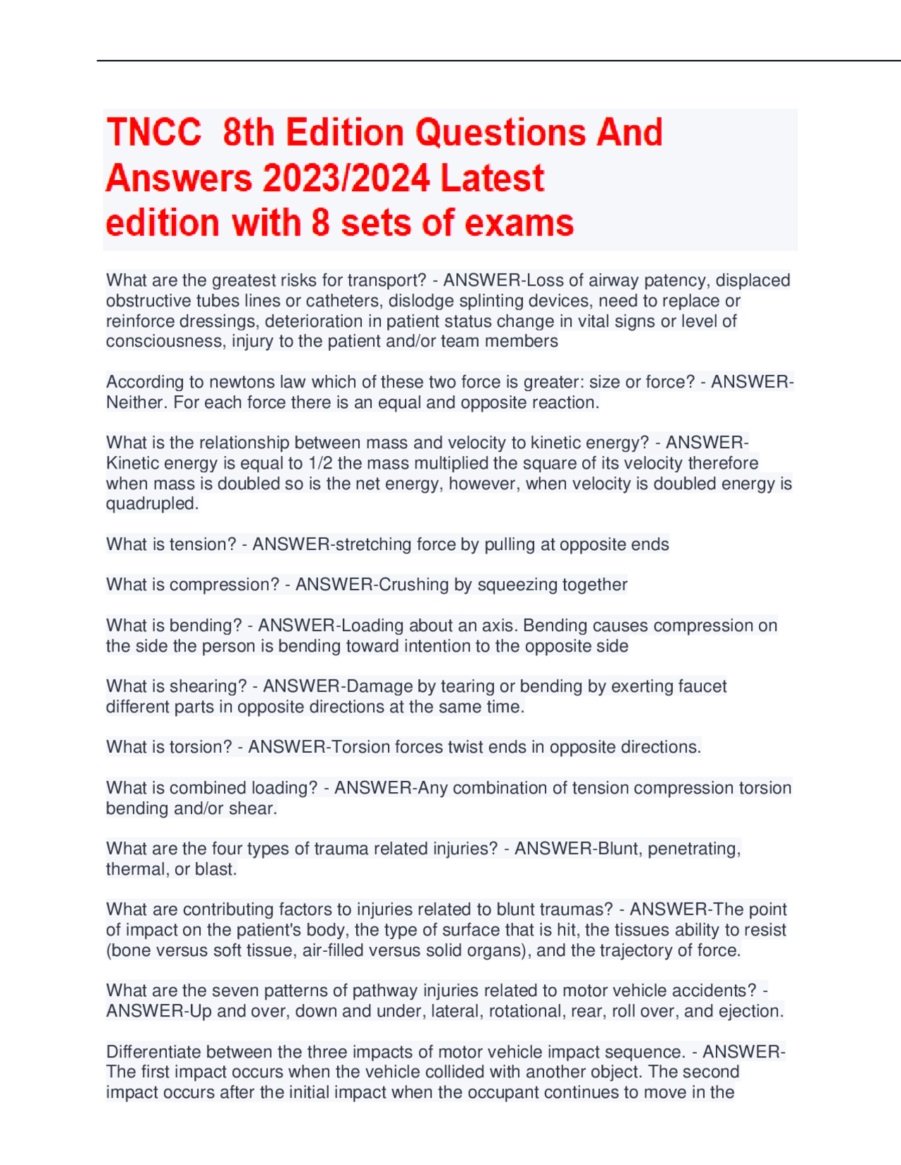 TNCC 8TH EDITION QUESTIONS AND ANSWERS 2023-2024 LATEST EDITION WITH 8 ...