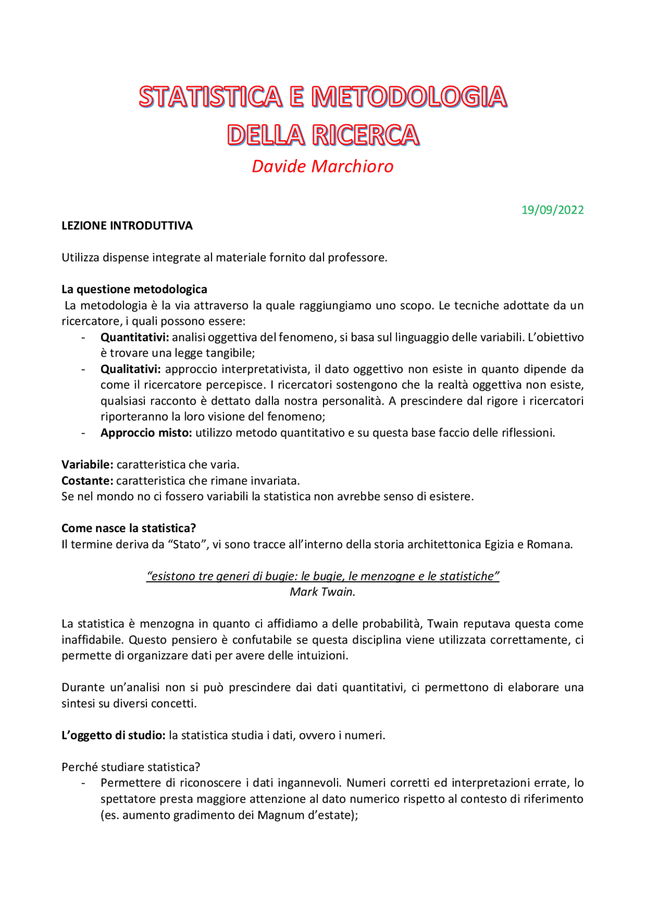 Statistica e metodologia della ricerca | Appunti di Statistica | Docsity