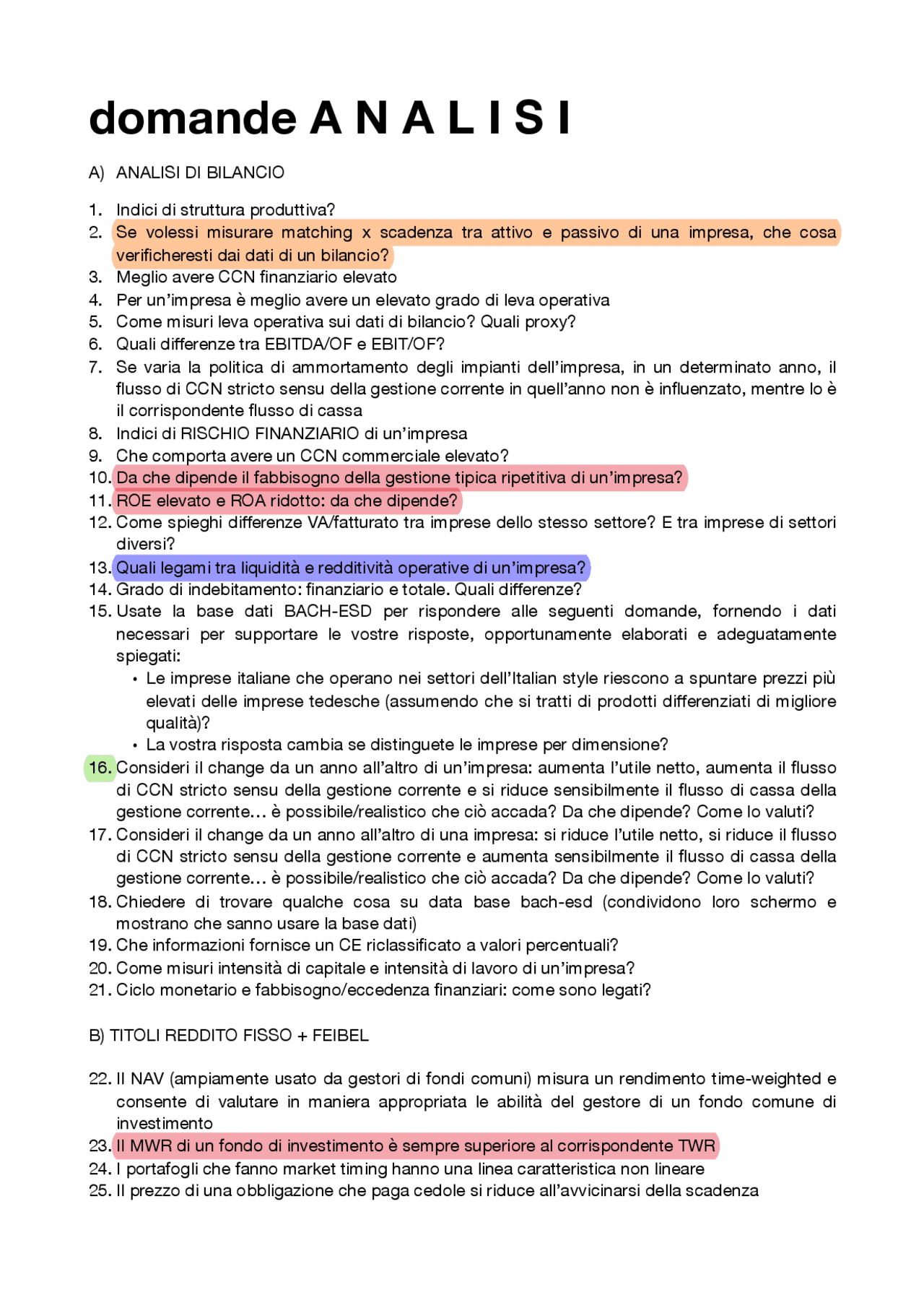 Domande analisi finanziaria | Appunti di Economia Finanziaria | Docsity