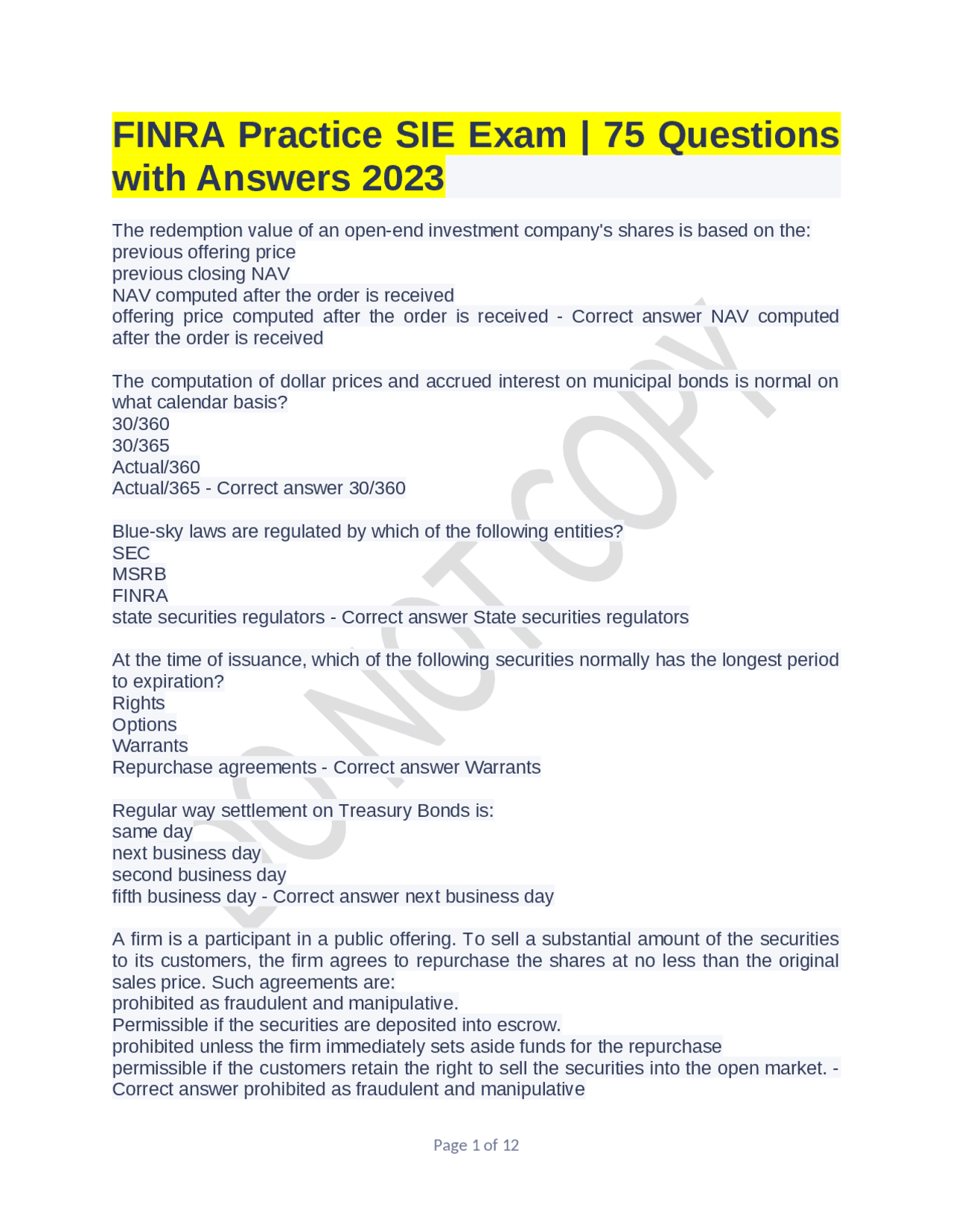 FINRA Practice SIE Exam | 75 Questions with Answers 2023 | Exams Law | Docsity