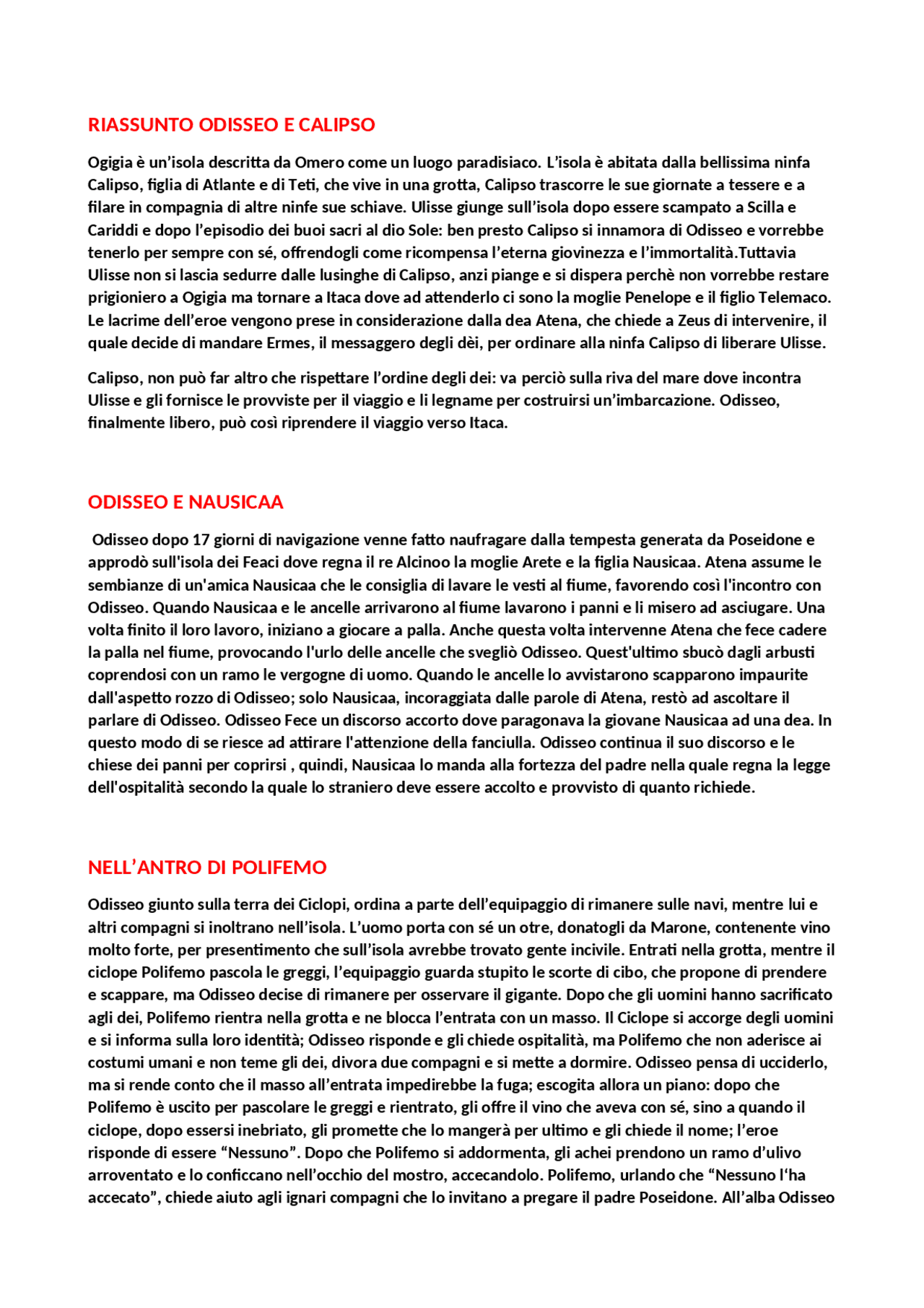 RIASSUNTO ODISSEO E CALIPSO | Schemi e mappe concettuali di Italiano | Docsity