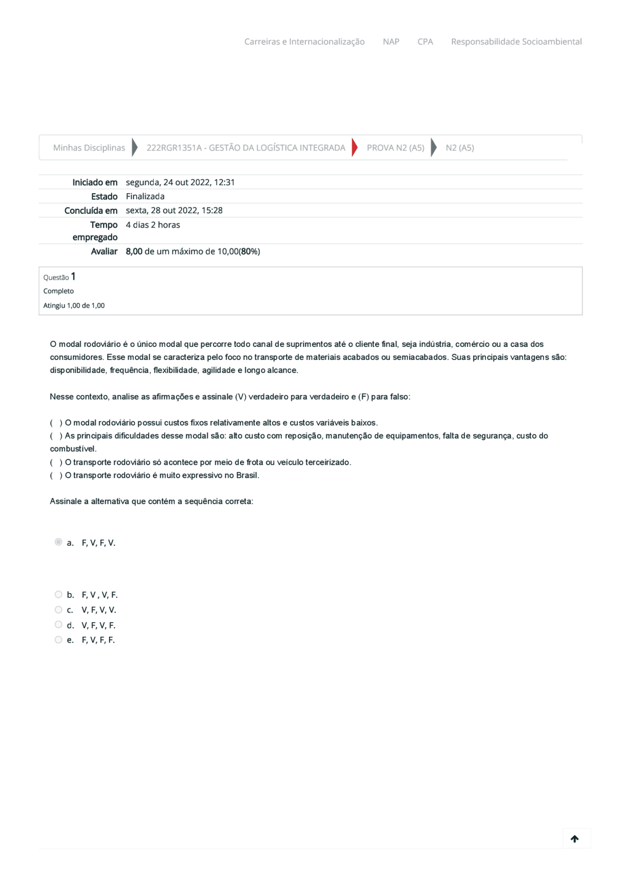 Atividade N2 Logistica Provas Logística Docsity