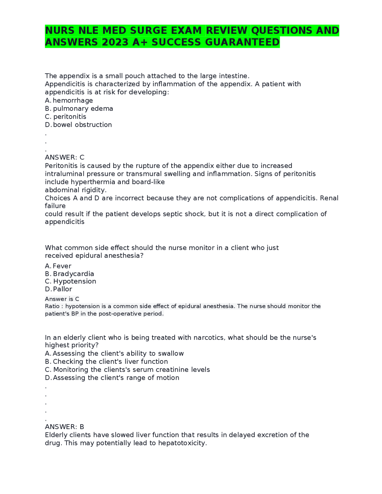 NURS NLE MED SURGE EXAM REVIEW QUESTIONS AND ANSWERS 2023 A+ SUCCESS ...