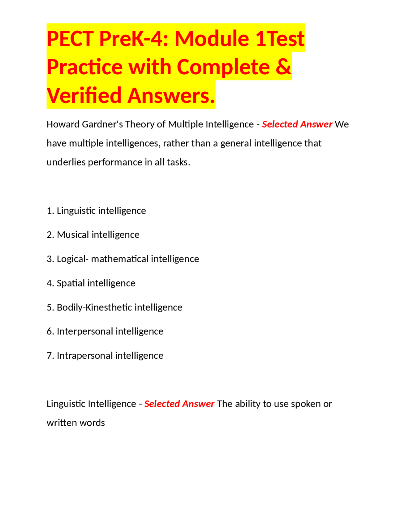 PECT PreK-4: Module 1Test Practice with Complete & Verified Answers ...