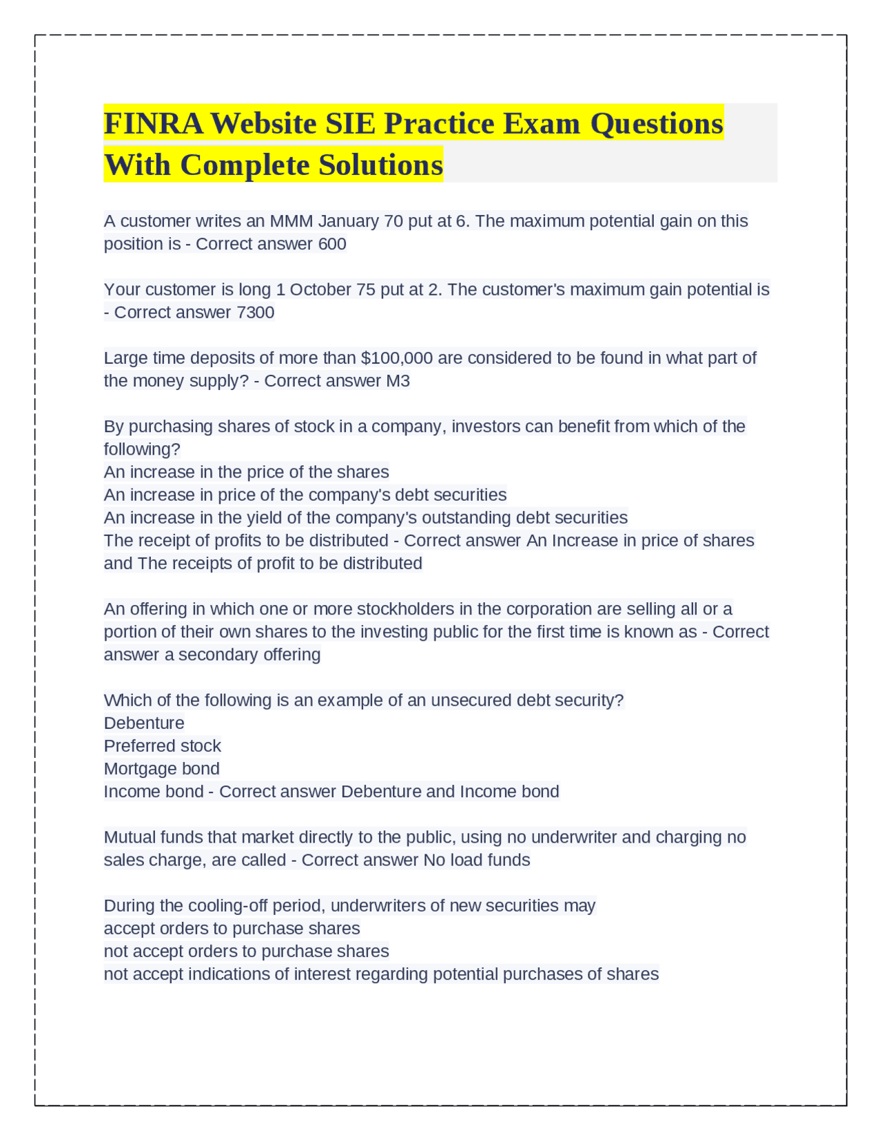 FINRA Website SIE Practice Exam Questions With Complete Solutions ...