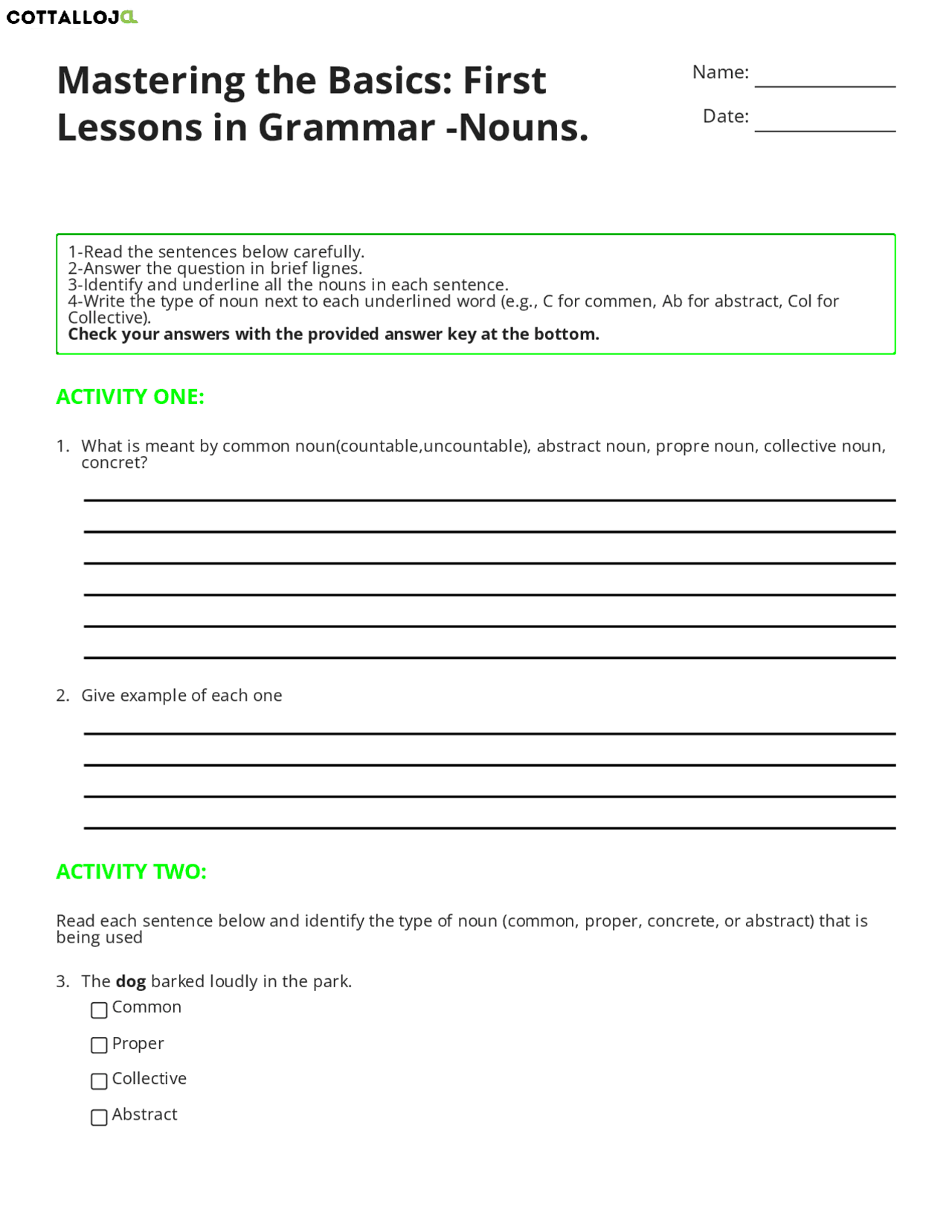 Mastering The Basics First Lessons In Grammar Nouns With Activities