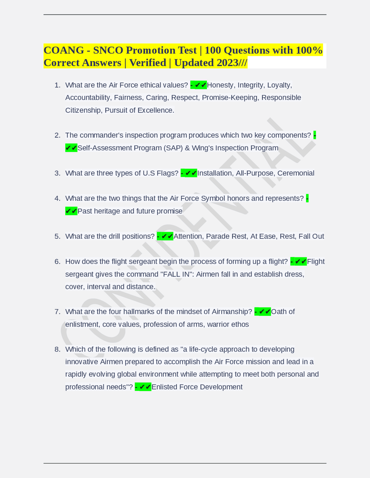 COANG - SNCO Promotion Test | 100 Questions with 100% Correct Answers ...