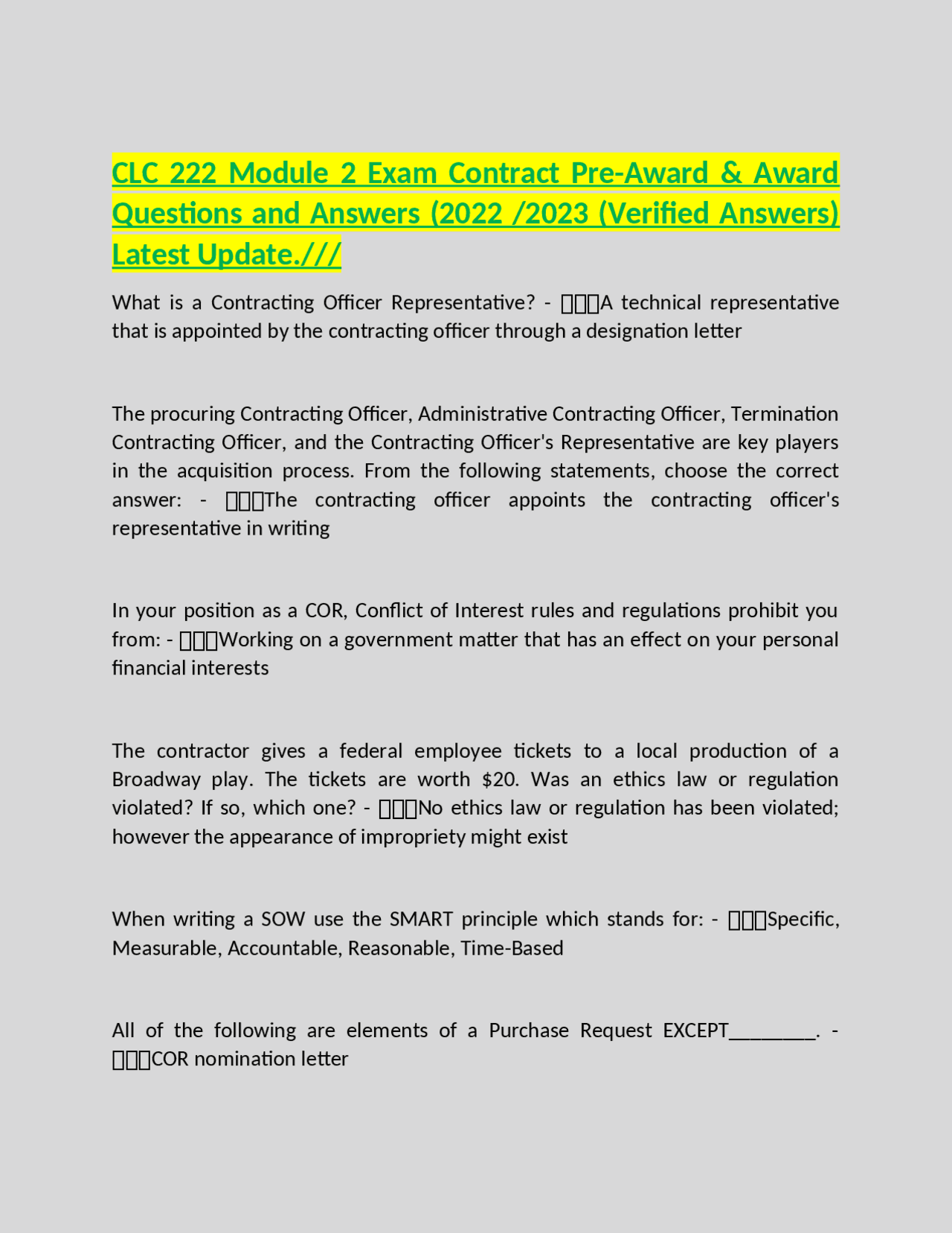 CLC 222 Module 2 Exam Contract Pre-Award & Award Questions and Answers ...