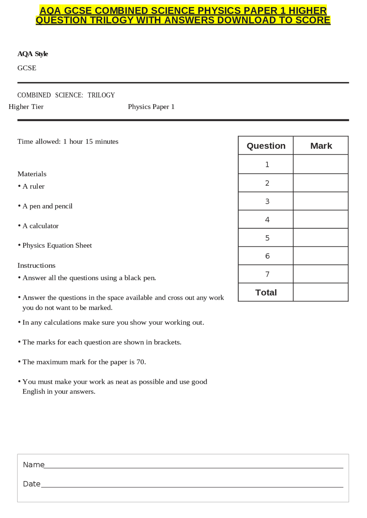 Aqa Gcse Combined Science Physics Paper 1 Higher Question Trilogy With Answers Download To