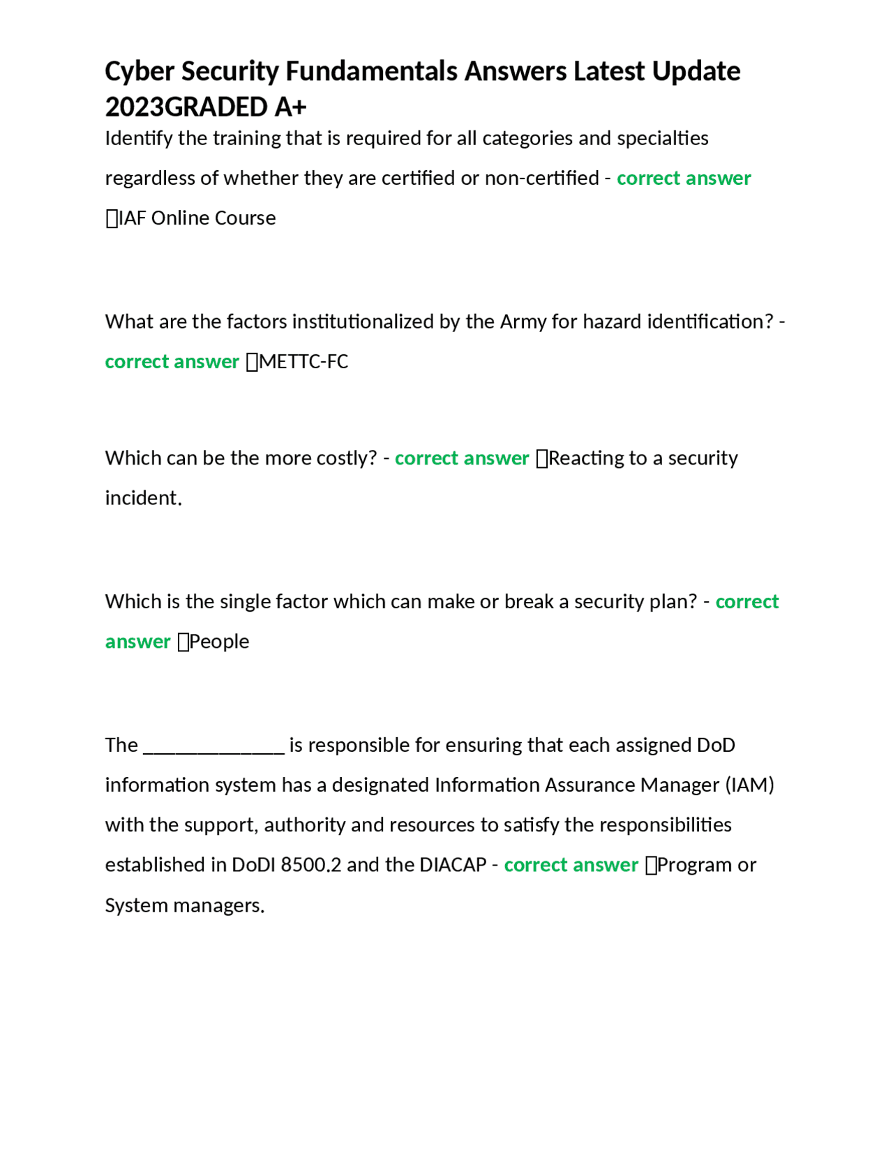 Cyber Security Fundamentals Answers Latest Update 2023graded A Exams