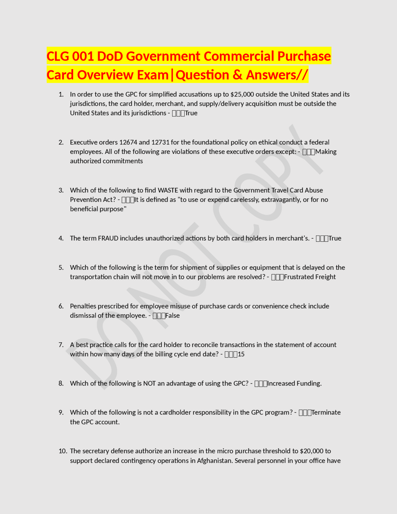 CLG 001 DoD Government Commercial Purchase Card Overview Exam|Question ...