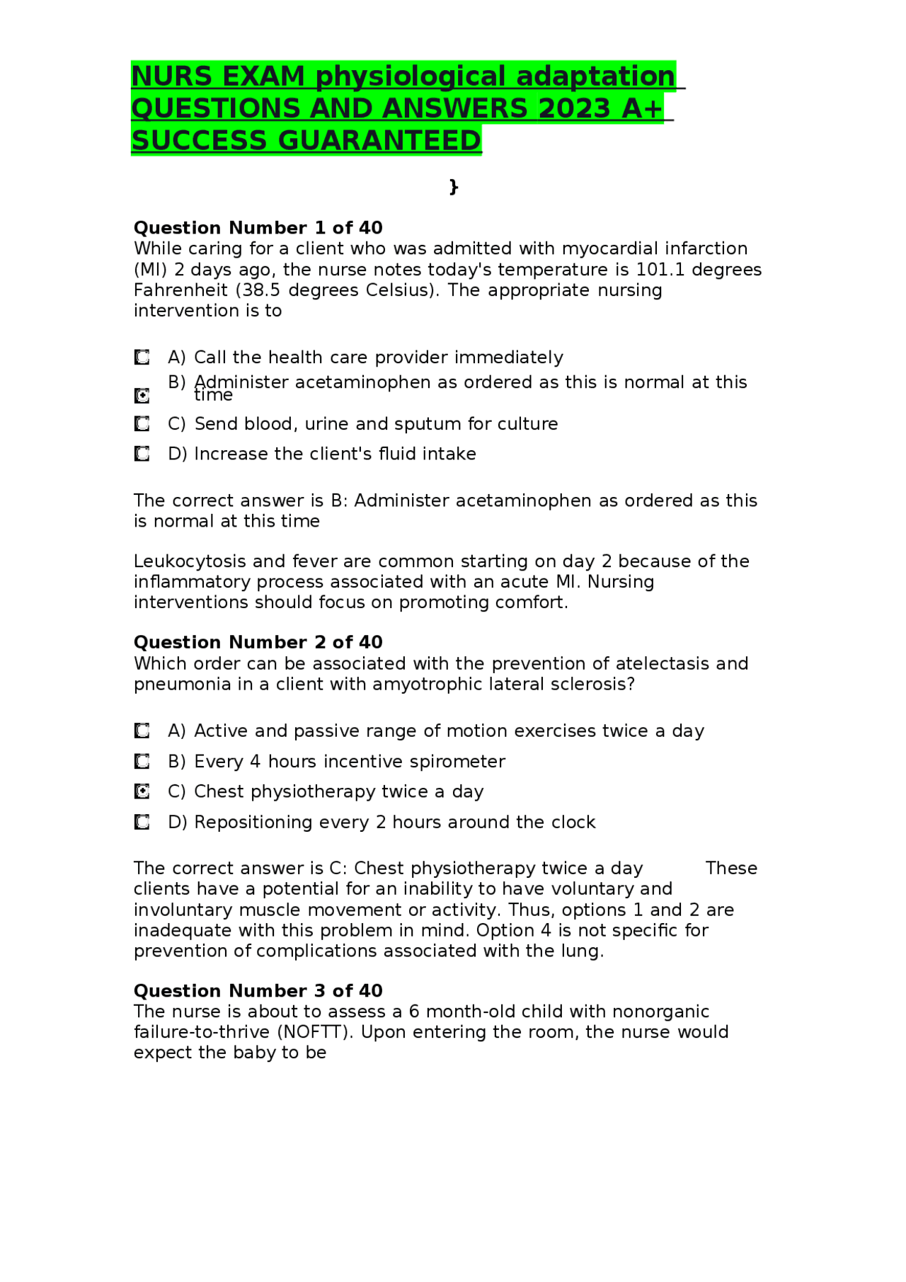 NURS EXAM physiological adaptation QUESTIONS AND ANSWERS 2023 A+ ...