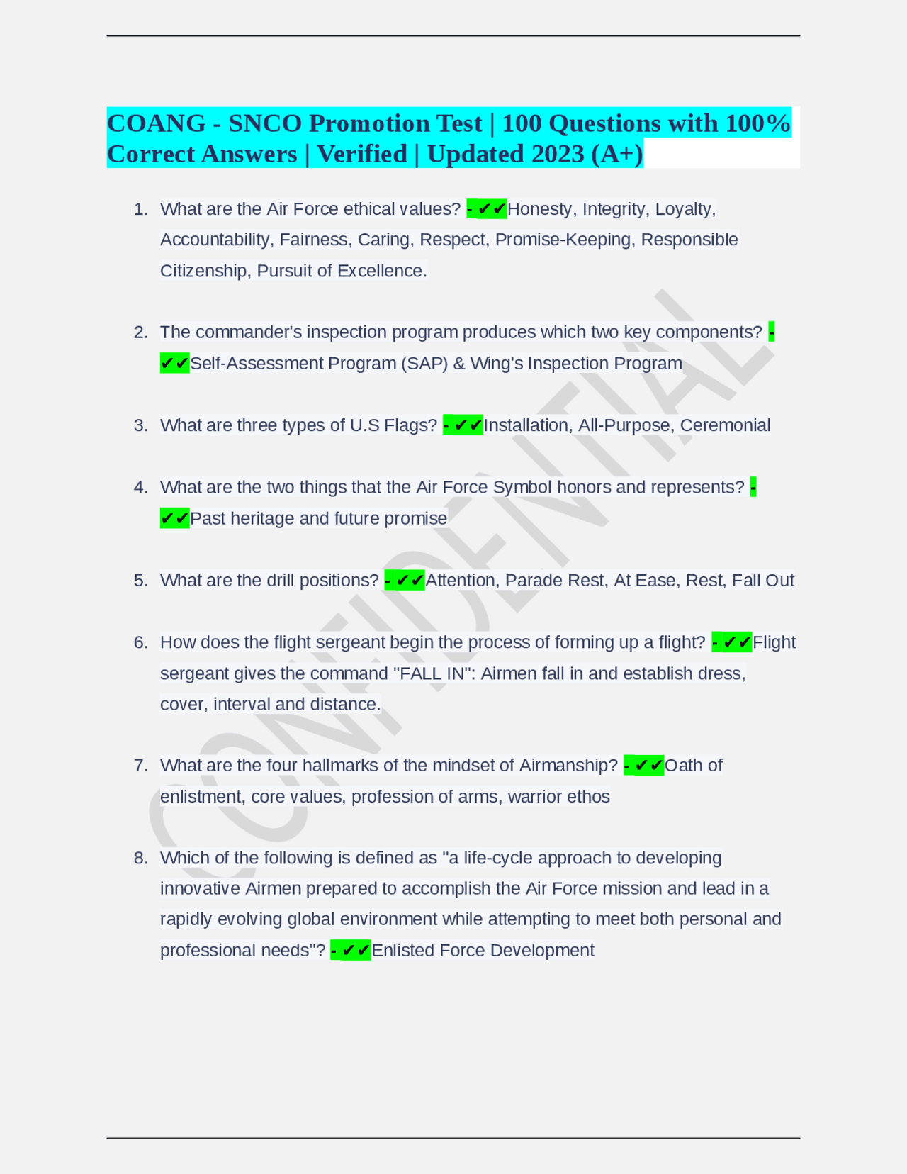 COANG - SNCO Promotion Test | 100 Questions with 100% Correct Answers ...