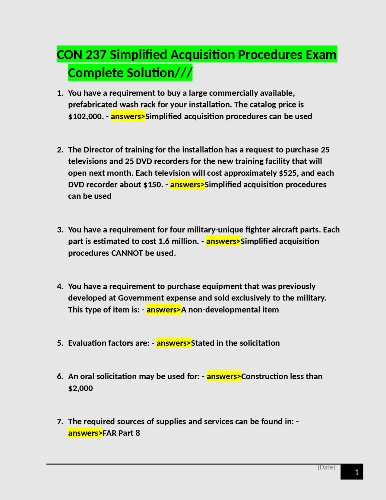 CON 237 Simplified Acquisition Procedures Exam Complete Solution ...
