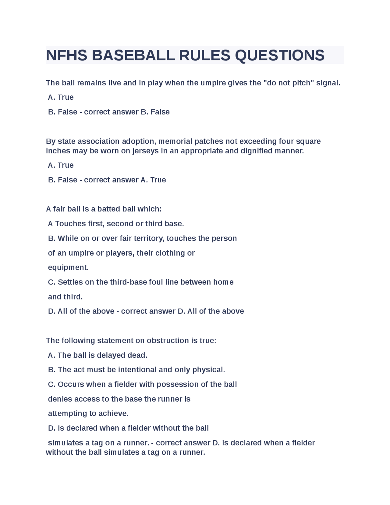 NFHS BASEBALL RULES QUESTIONS 2023 | Exams Nursing | Docsity