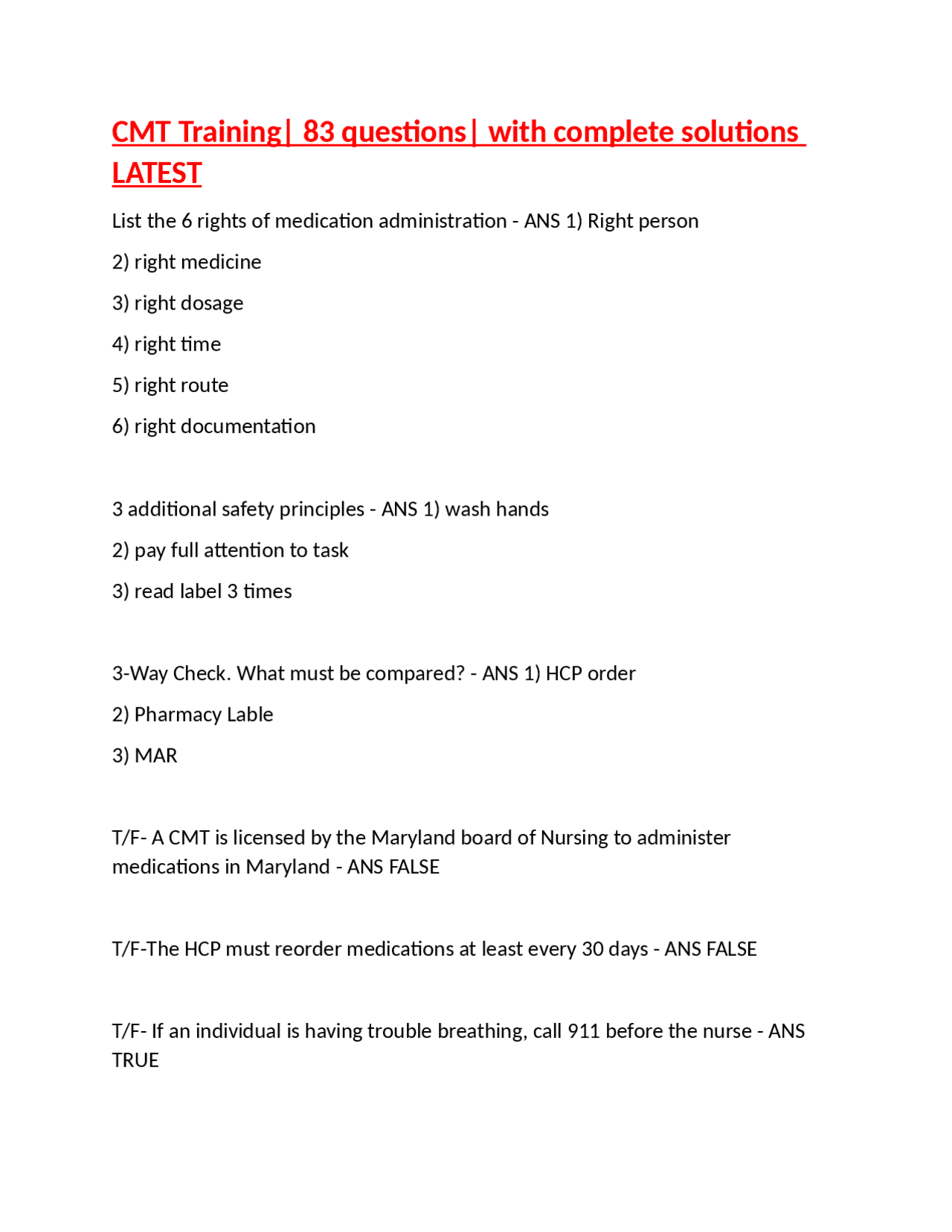 CMT Training| 83 questions| with complete solutions LATEST | Exams ...