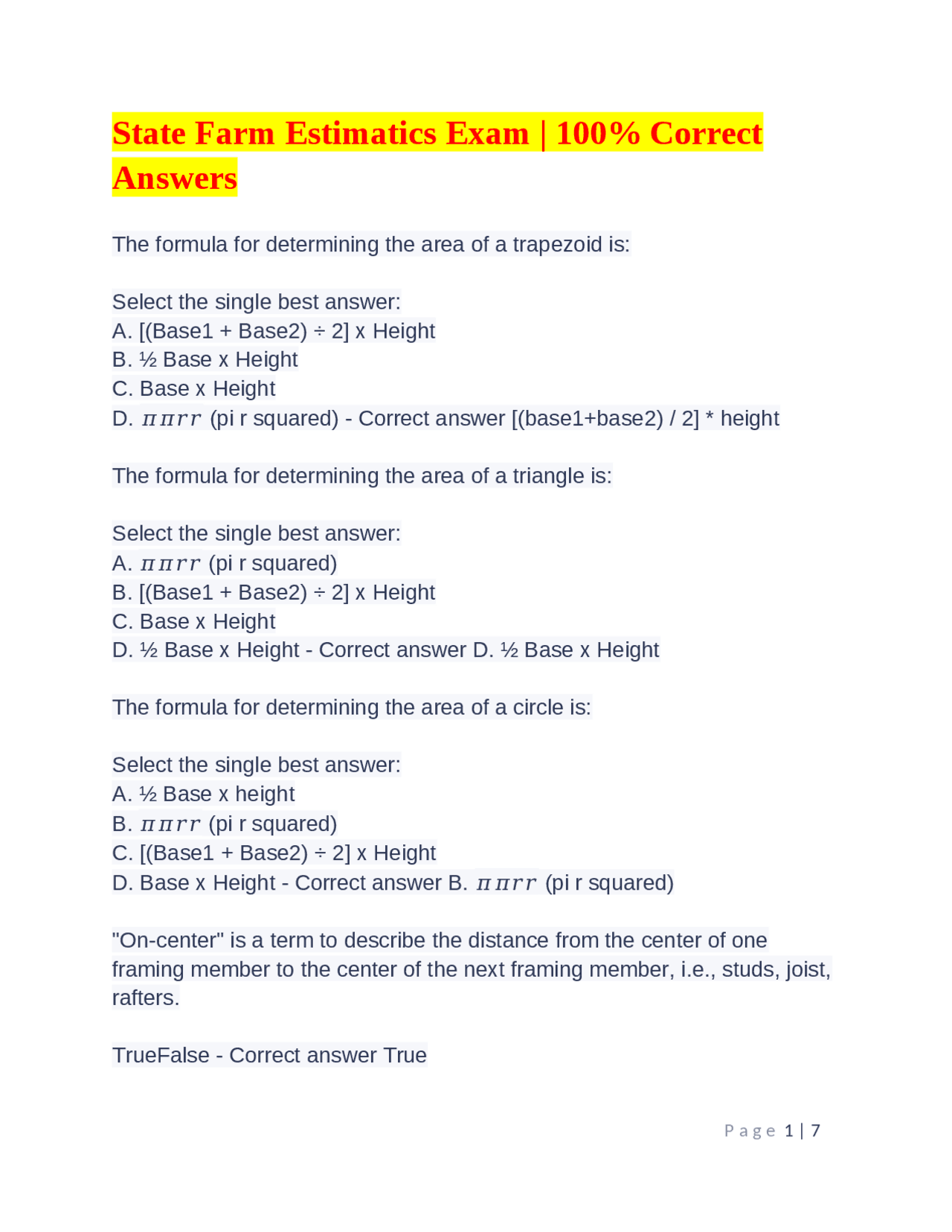 State Farm Estimatics Exam | 100% Correct Answers | Exams Agricultural ...