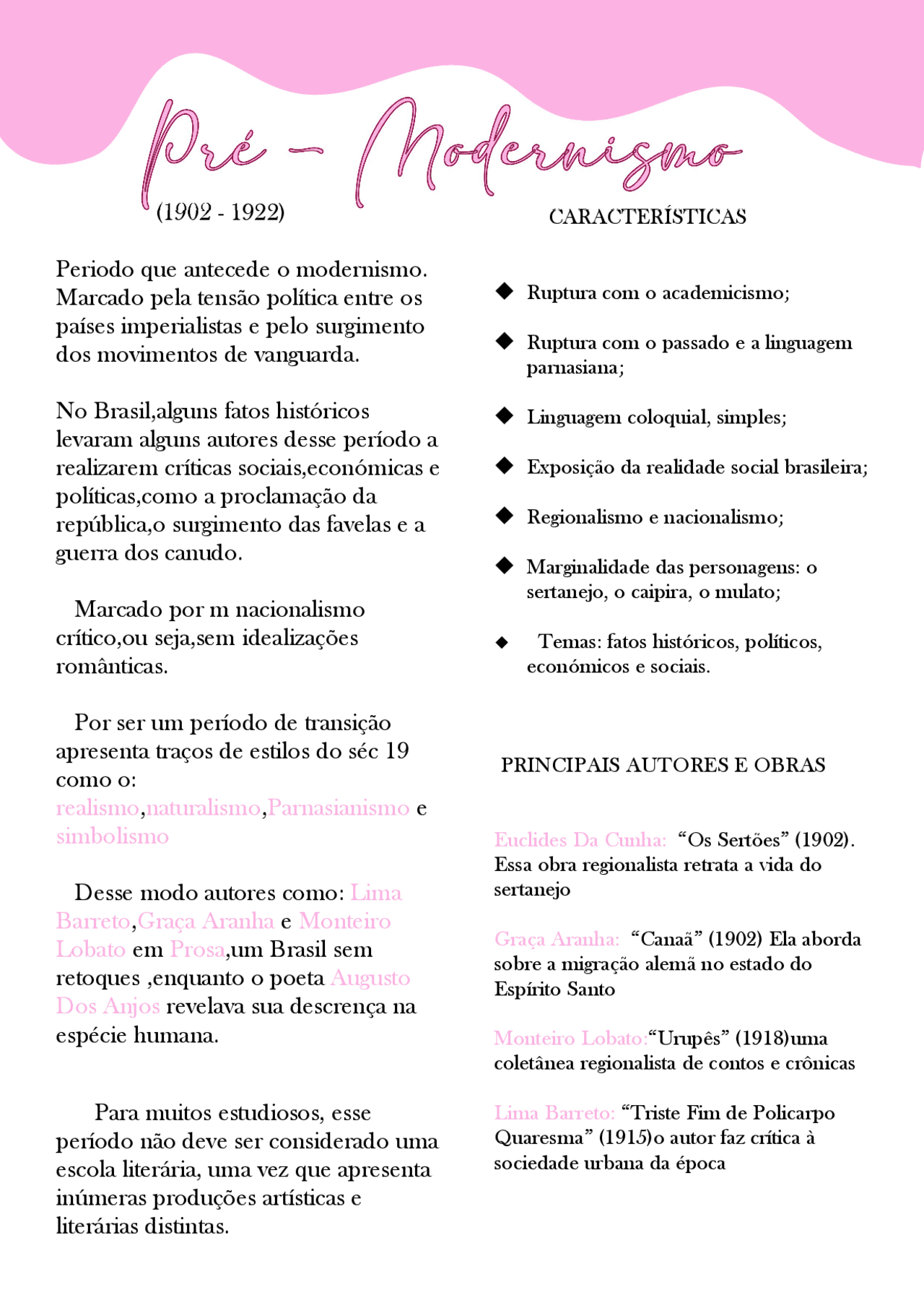 Pré Modernismo Ensino Médio Resumos Literatura Ensino Médio Docsity