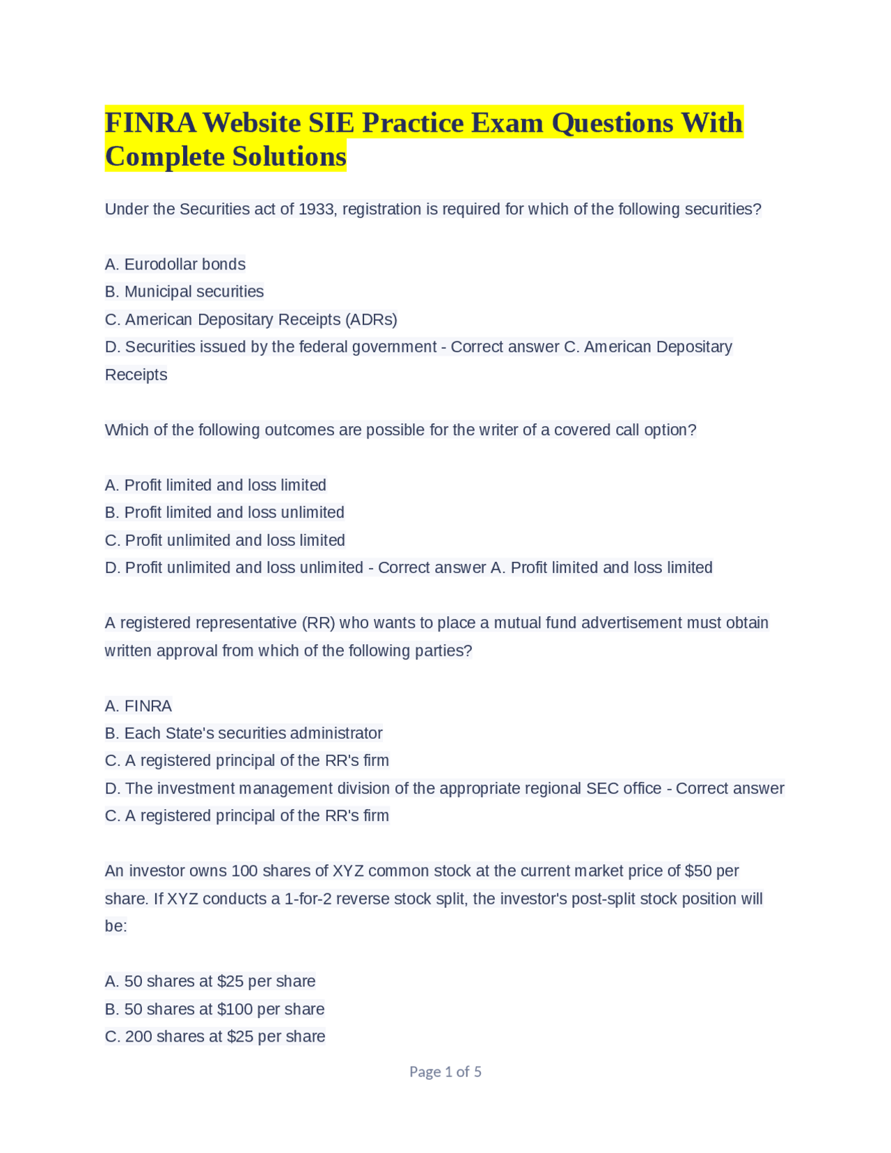 Finra Website Sie Practice Exam Questions With Complete Solutions