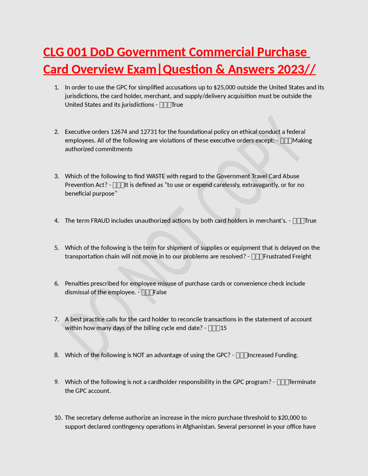CLG 001 DoD Government Commercial Purchase Card Overview Exam|Question ...