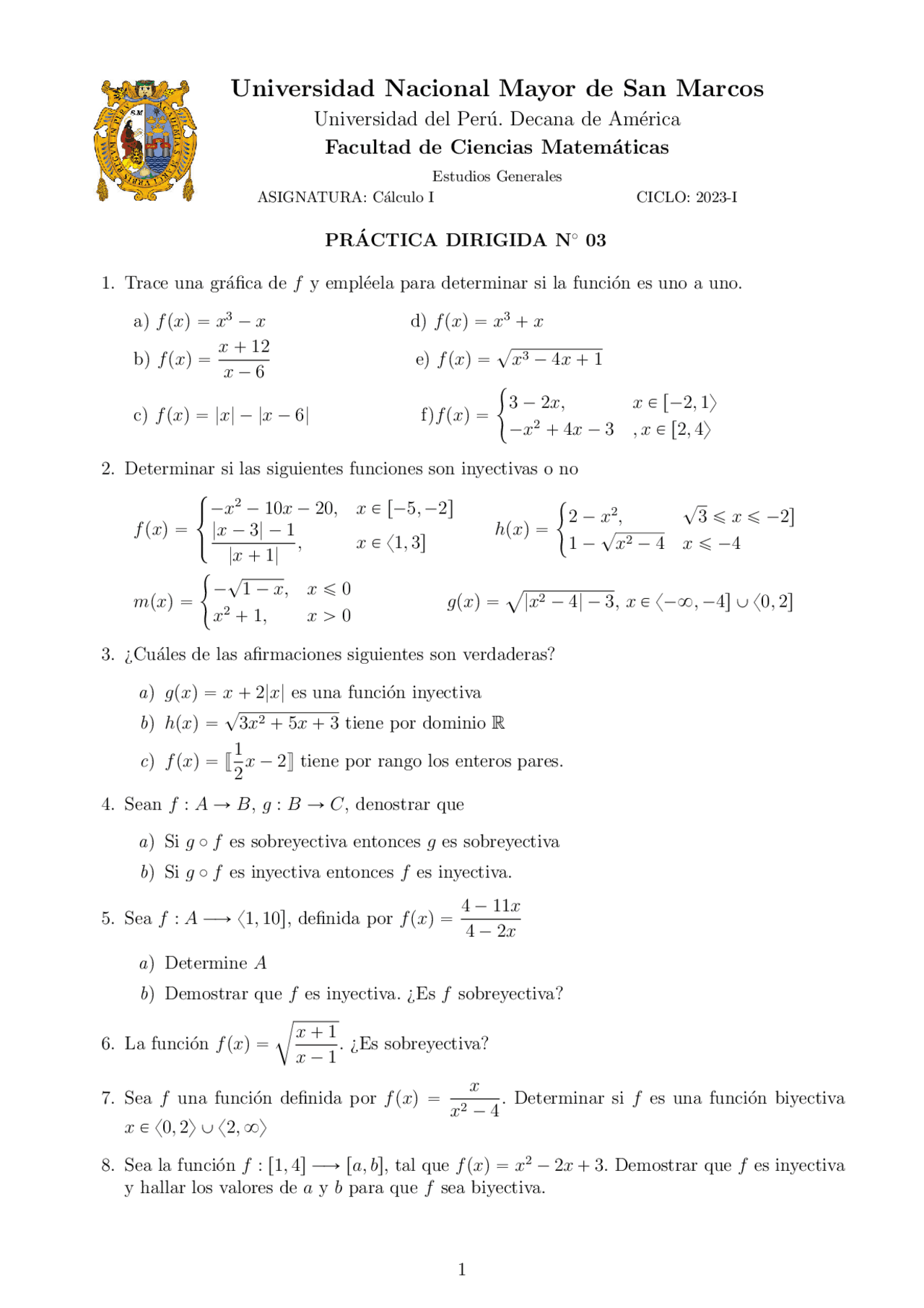 Práctica dirigida cálculo 1 | Ejercicios de Cálculo | Docsity