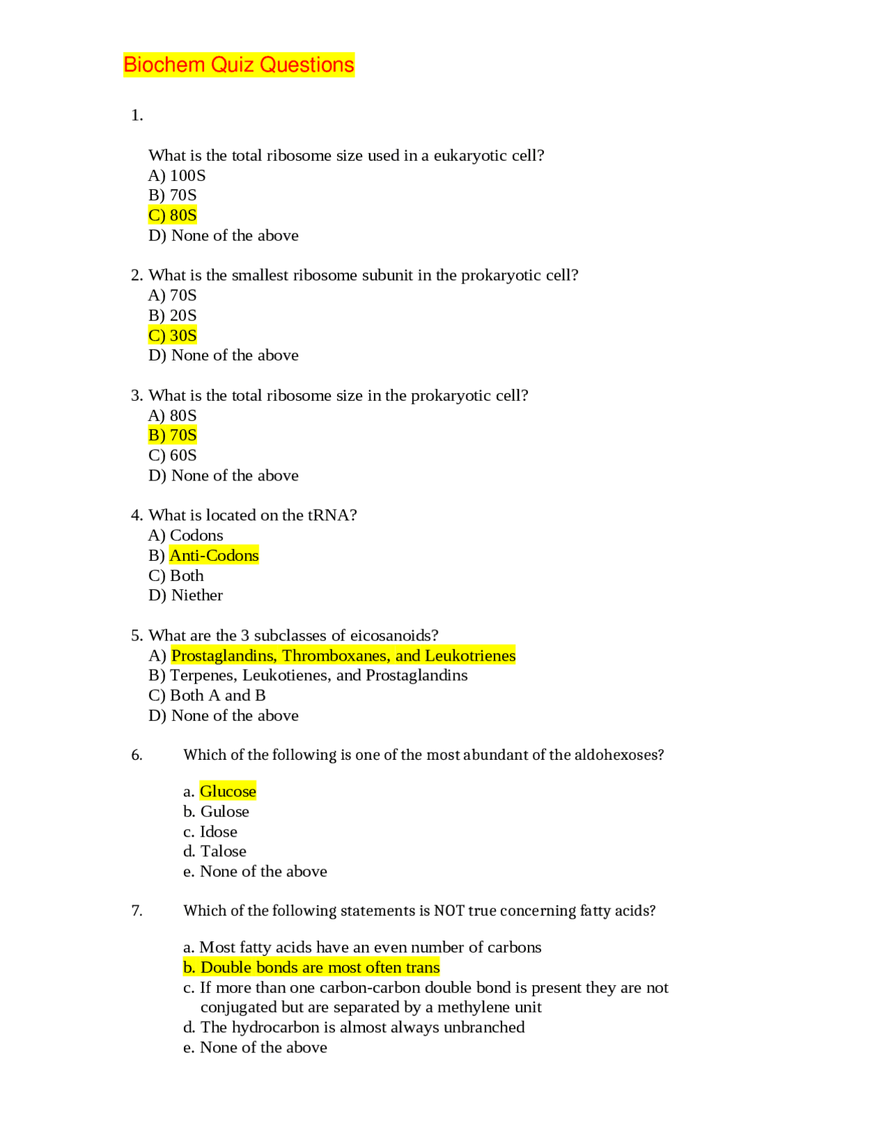 Biochem Quiz Questions | Exams Nursing | Docsity